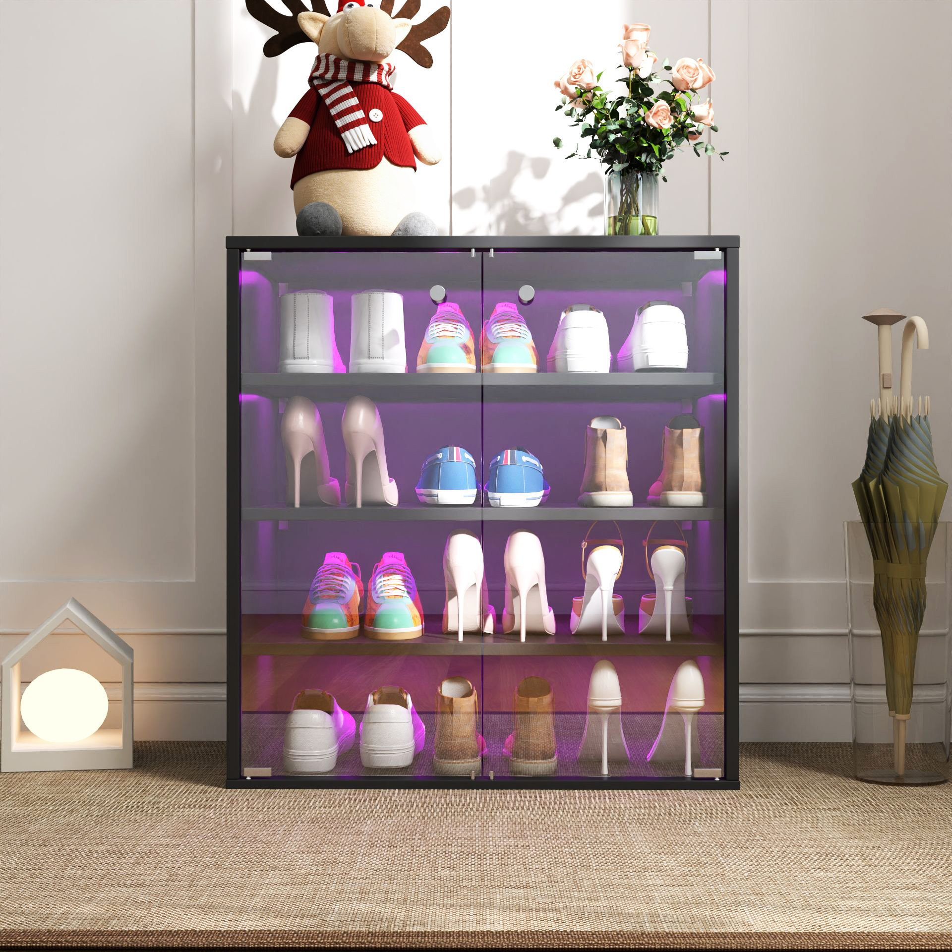 Orren Ellis Shoe Box with RGB LED Light, Wooden Stackable Shoe Storage ...