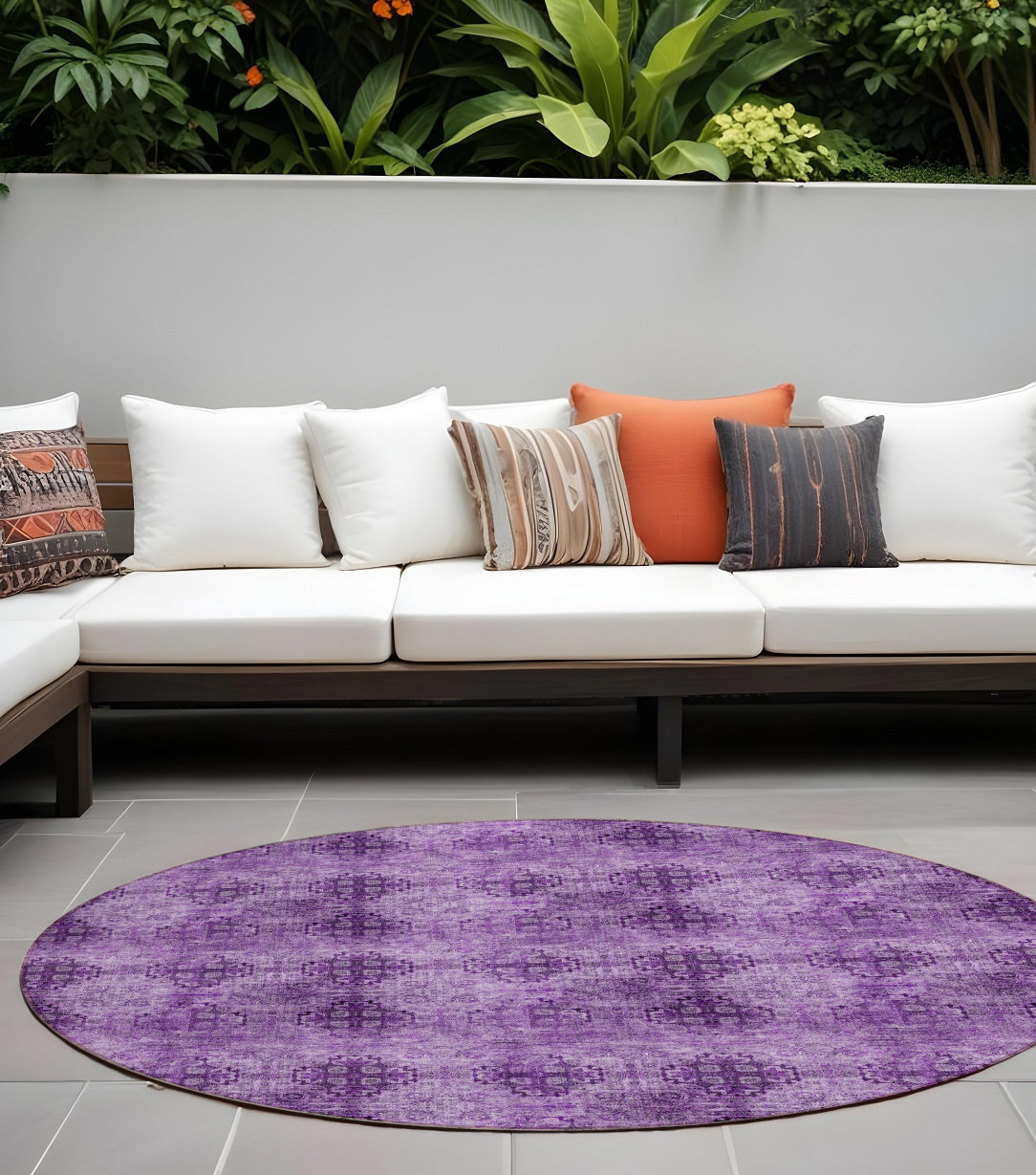 HomeRoots 8' Round Eggplant Round Floral Medallion Washable Non Skid ...