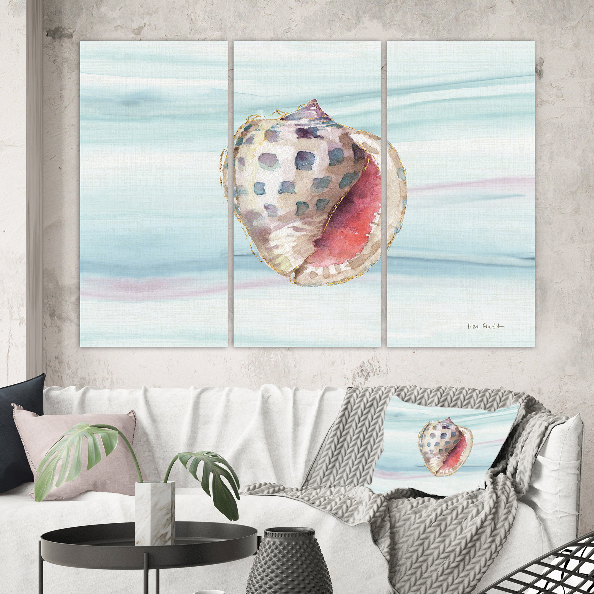 East Urban Home 'Gilded Sea Horn Shell on Blue' Painting Multi-Piece ...