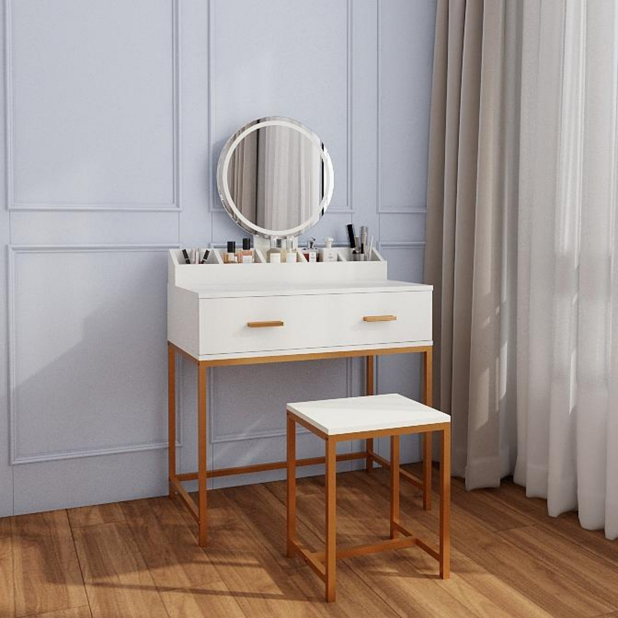 Mercer41 Modern Minimalist Vanity Set with Mirror and Stool - Makeup ...