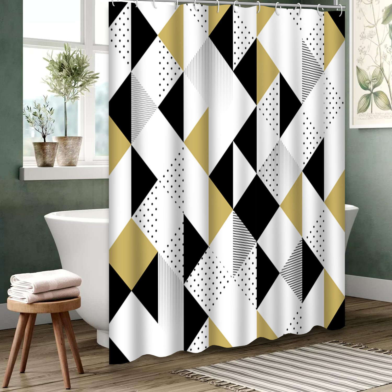 East Urban Home Gold Geometric Triangles Shower Curtain, 12 Hooks | Wayfair