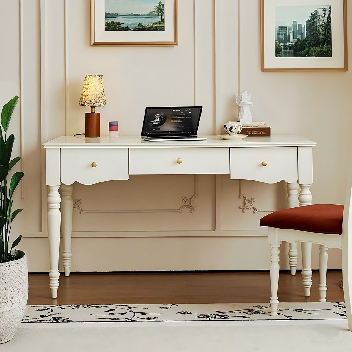 Isla Hopping White Cream-Style Solid Wood Rectangular Desk with Drawers ...