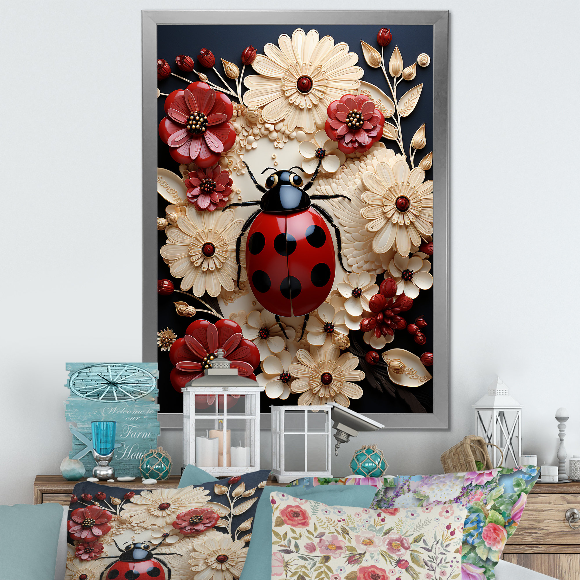 August Grove® Curious Paper Mache Ladybug Garden On Canvas Print | Wayfair