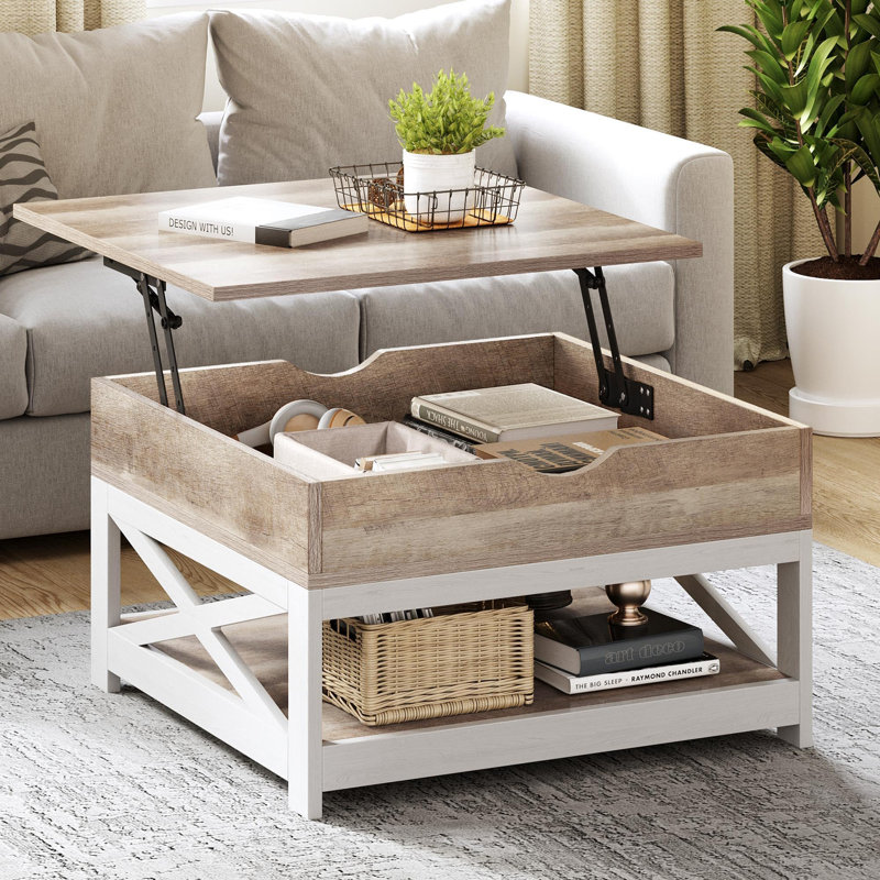 Gracie Oaks Farmhouse Style Lift-Up Square Wood Coffee Table with ...