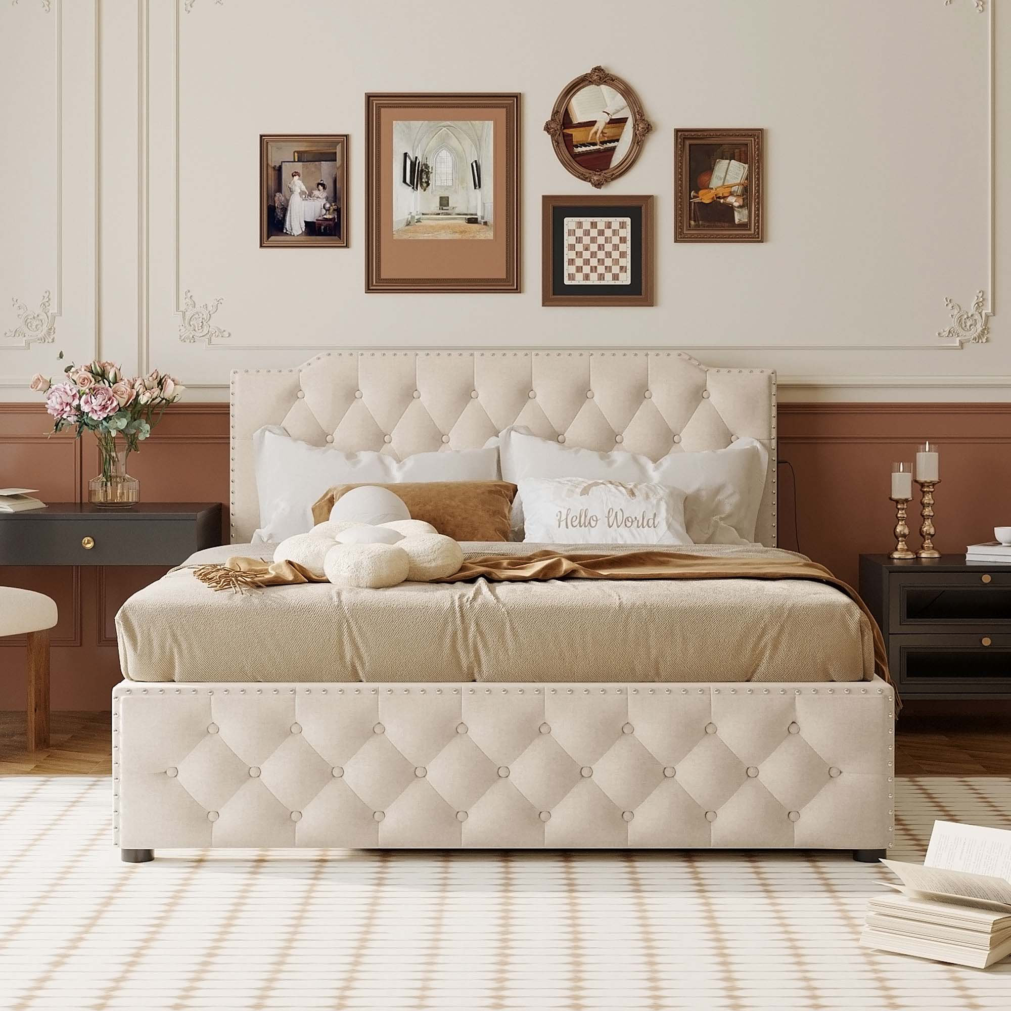 Winston Porter Charming Upholstered Platform Bed with Twin Trundle and ...