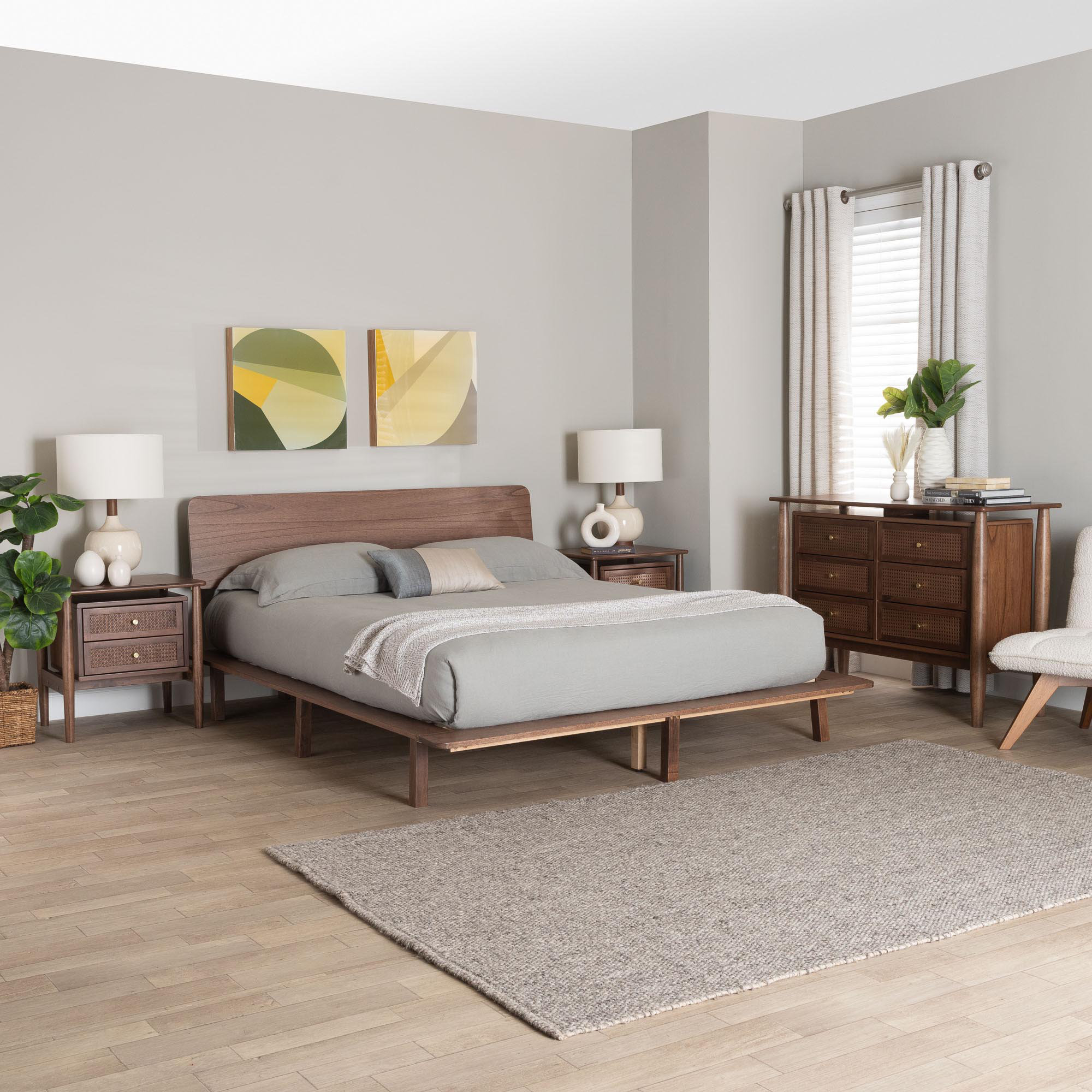 Bayou Breeze Caasi Japandi Walnut Brown Wood King Size 4-Piece Bedroom ...