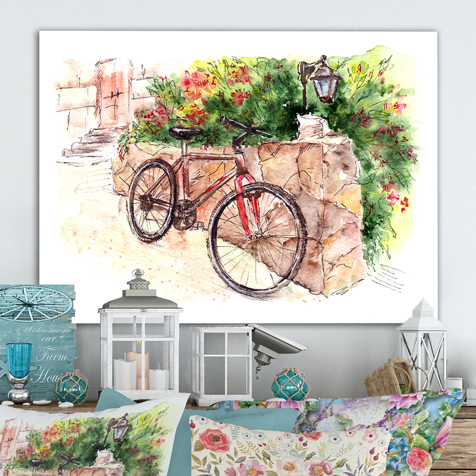 August Grove® Floral Summer With Bicycle - Floater Frame Print on ...