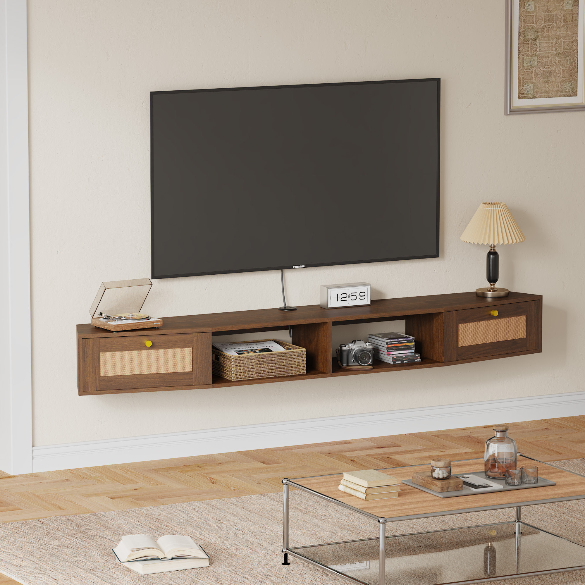 Bay Isle Home™ Floating Tv Cabinet With Rattan Drawer Door And Shelf ...