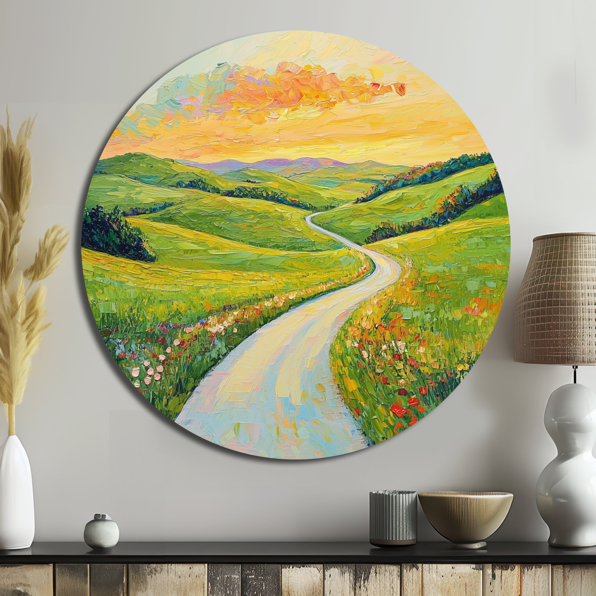 August Grove Countryside Road In Summer I - Countryside Round Metal ...