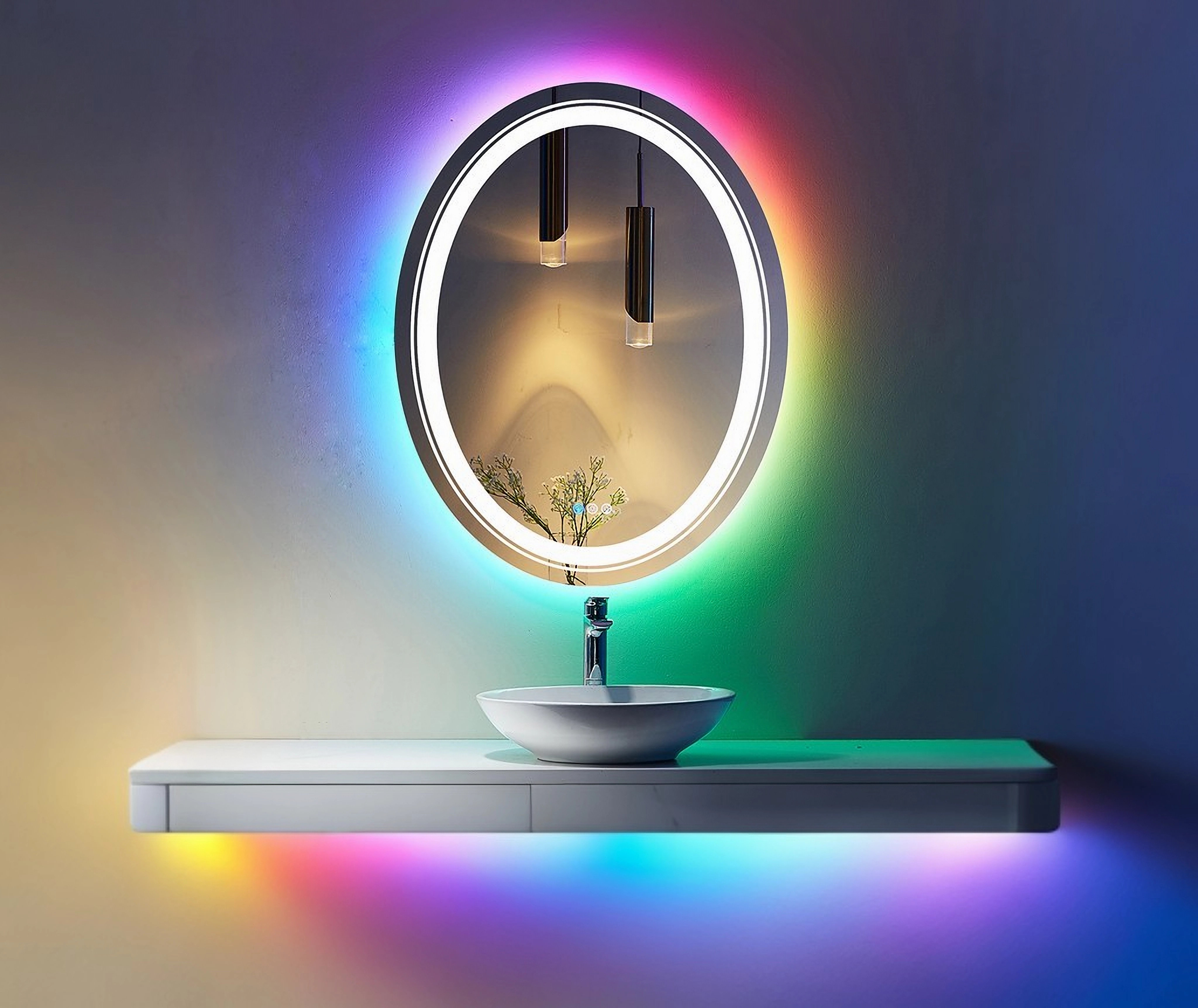 Orren Ellis Aevar Oval Bathroom Mirror With Rgb Backlit And Front Light ...