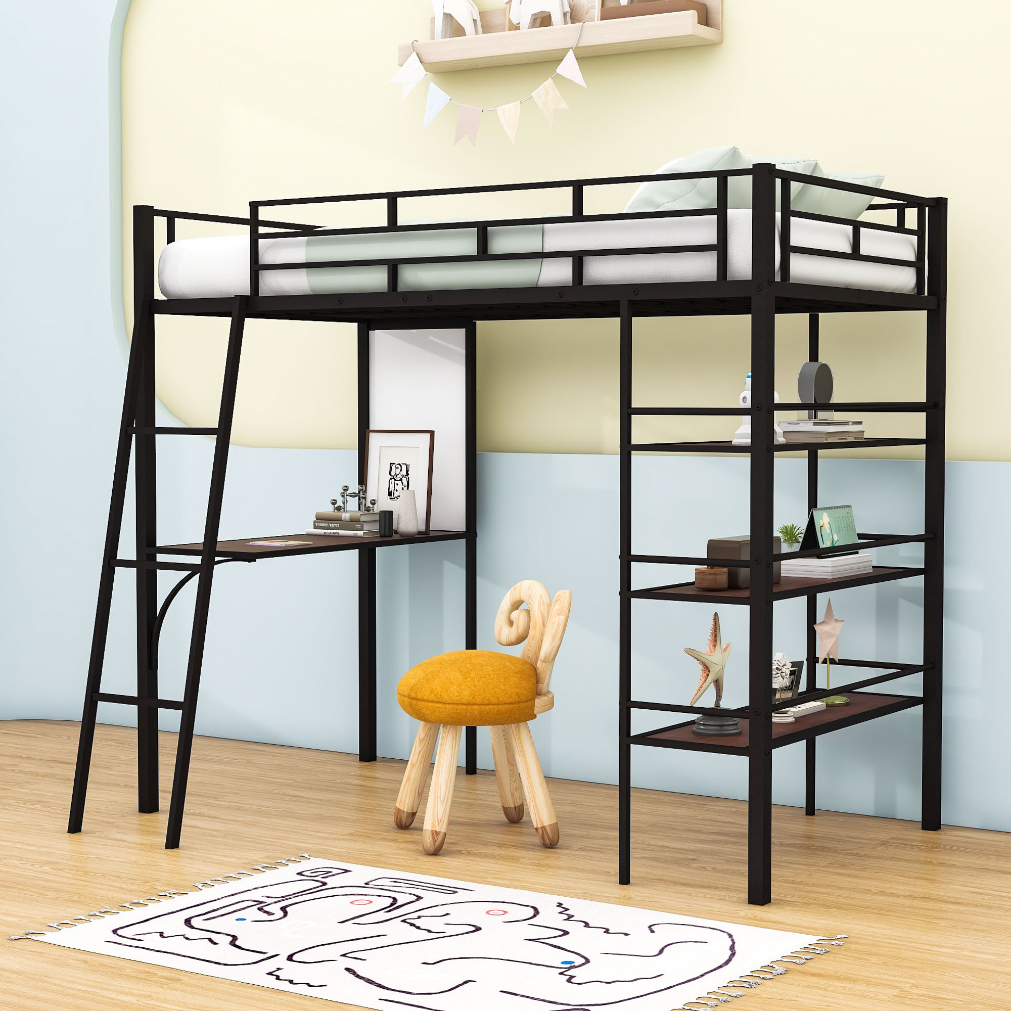 Mason & Marbles Colten Metal Loft Bed With 3 Shelves And Desk | Wayfair
