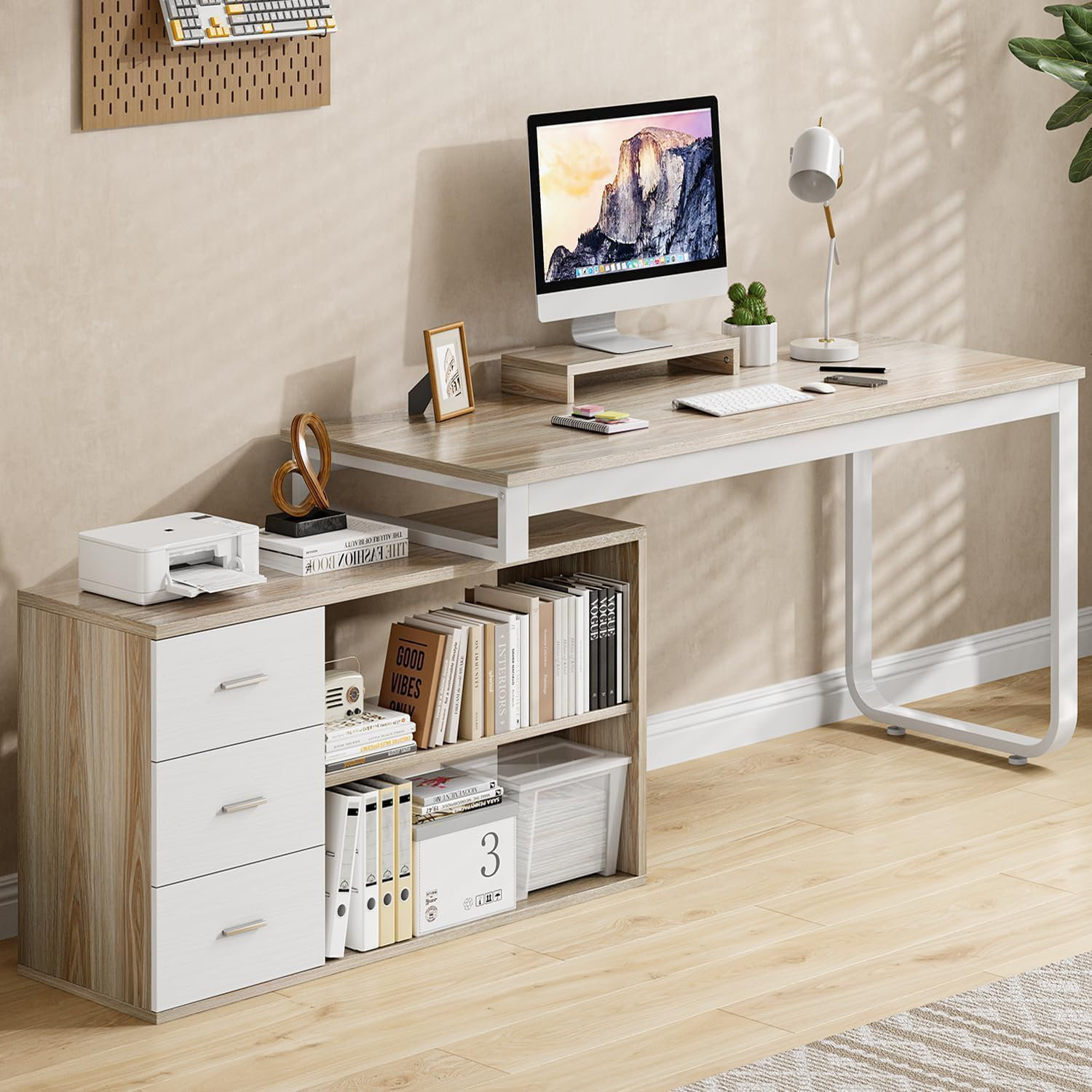 Latitude Run® Desk With Drawers, 55 Inch L Shaped Computer Desk With ...