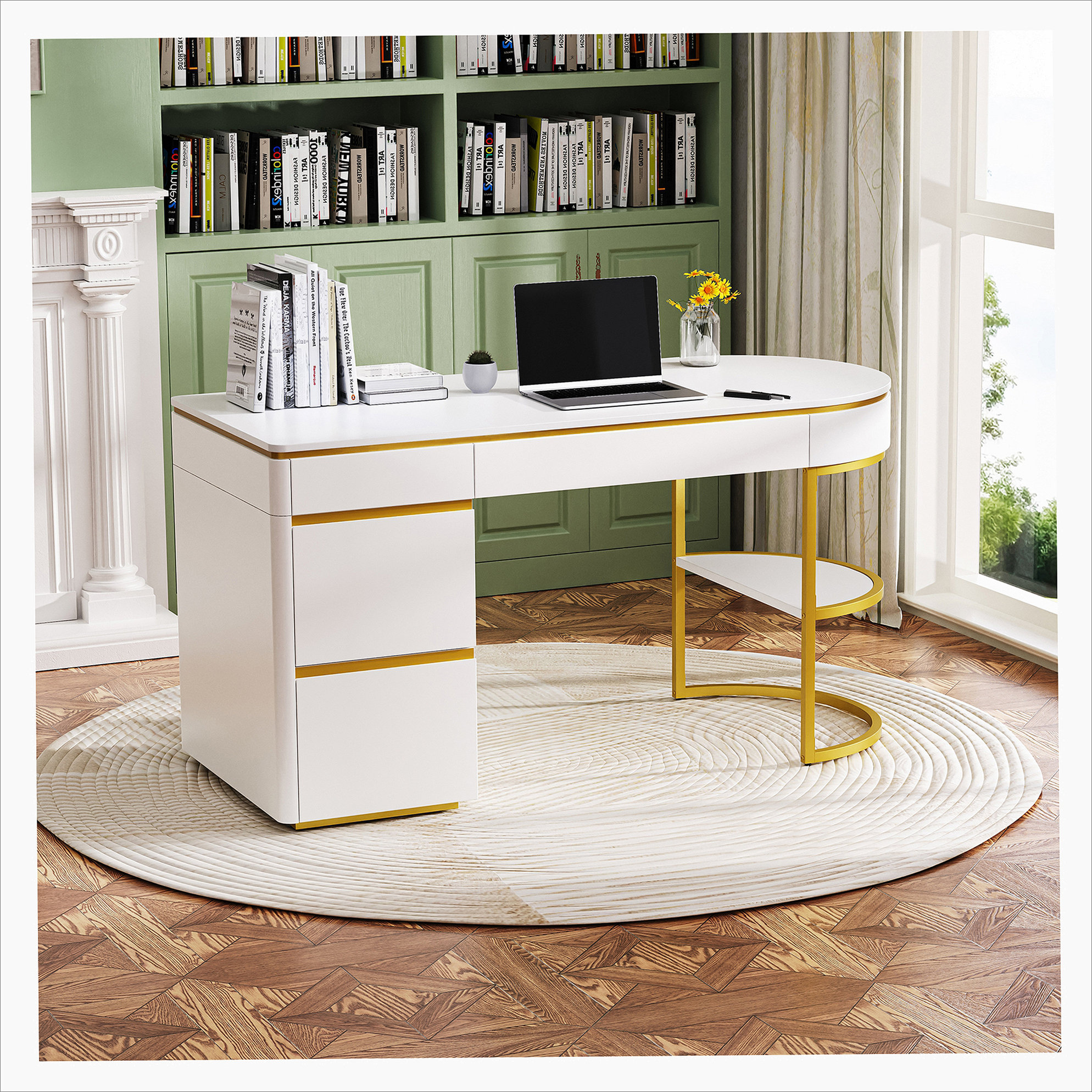 Everly Quinn White Curved Computer Desk with Gold Metal Legs,3-Drawers ...
