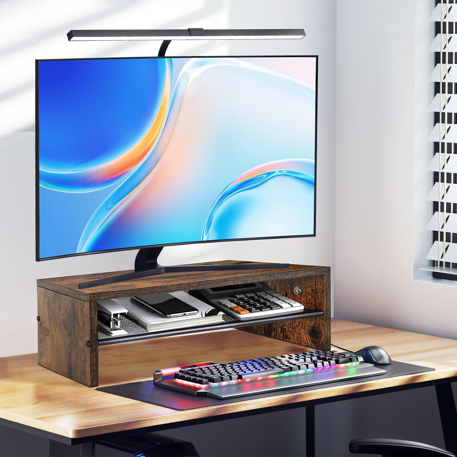 Brayden Studio 2 Tiers Computer Monitor Stand with LED Light, 16'' Wood ...