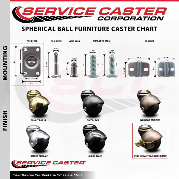 Service Caster 2 Inch Antique Brass Hooded Top Plate Ball Casters with ...