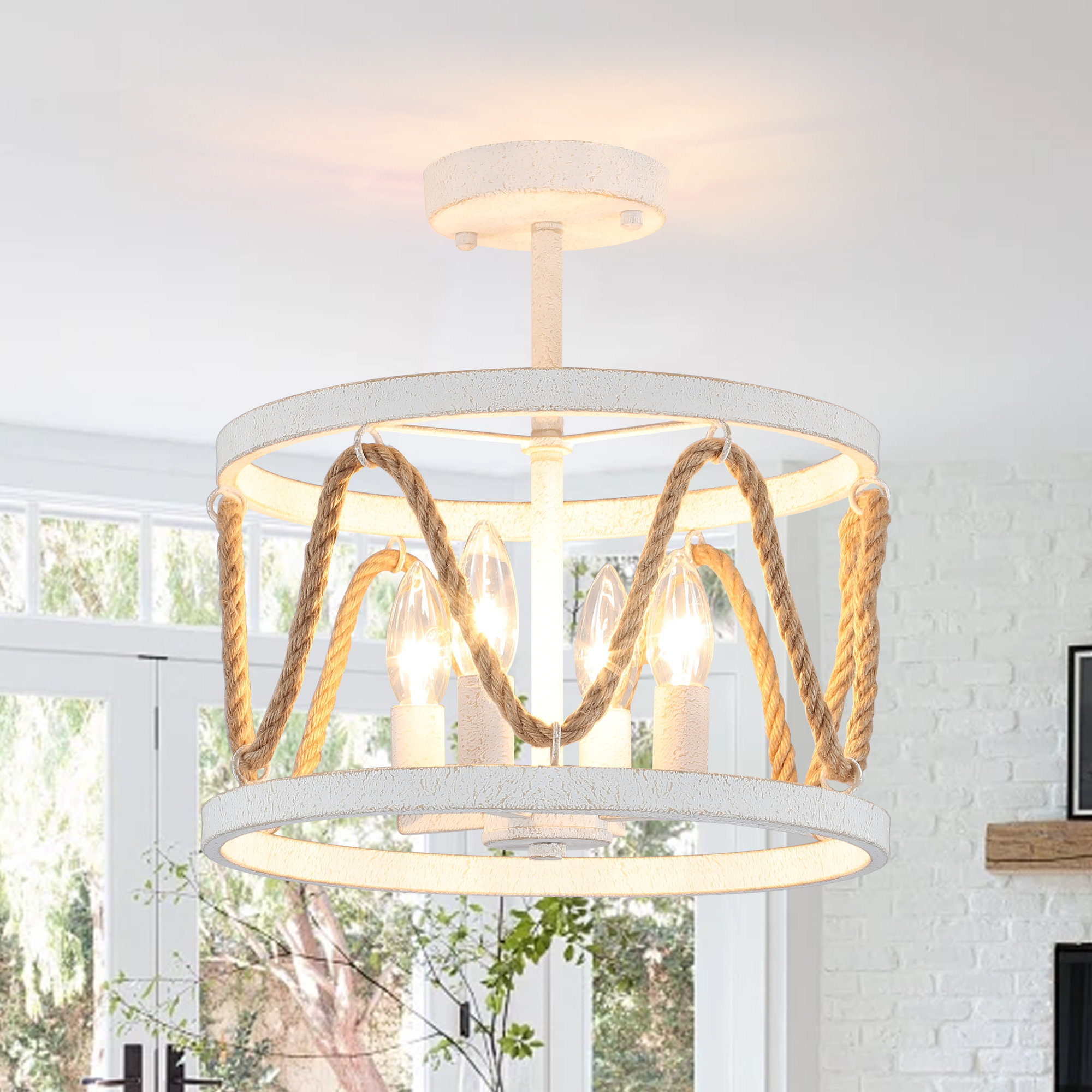 Gracie Oaks 4-Light Hemp Rope Semi Flush Mount 12.6" W Bohemian Ceiling ...
