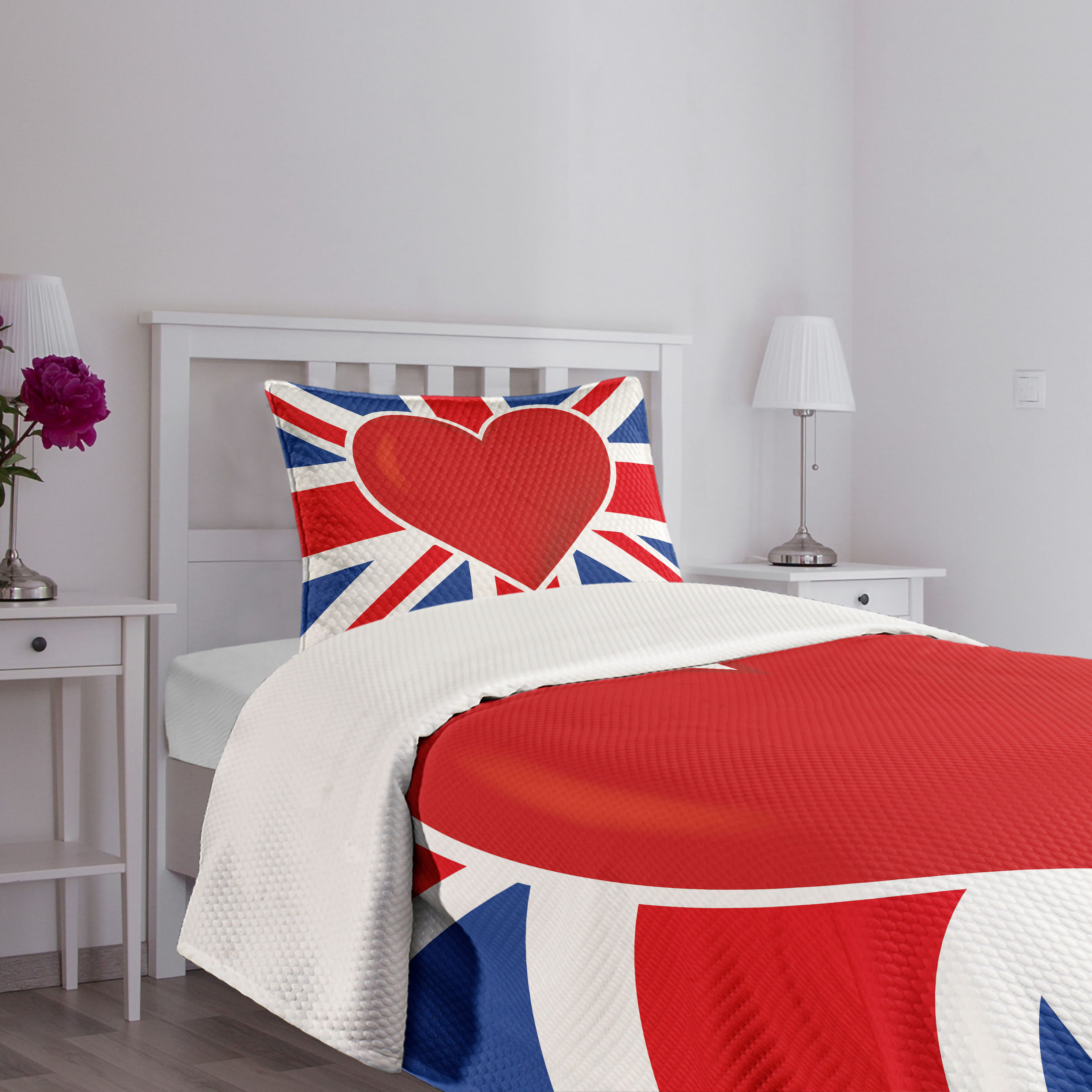 Ambesonne Union Jack Bedspread Set Flag Big Red Heart Royal Blue Red ...