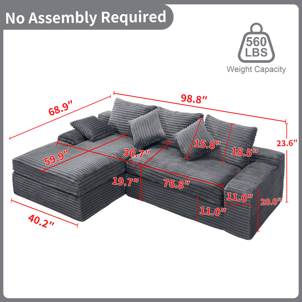 Mercer41 98.8" Upholstered Sectional Corduroy L-Shaped Sofa & Chaise ...