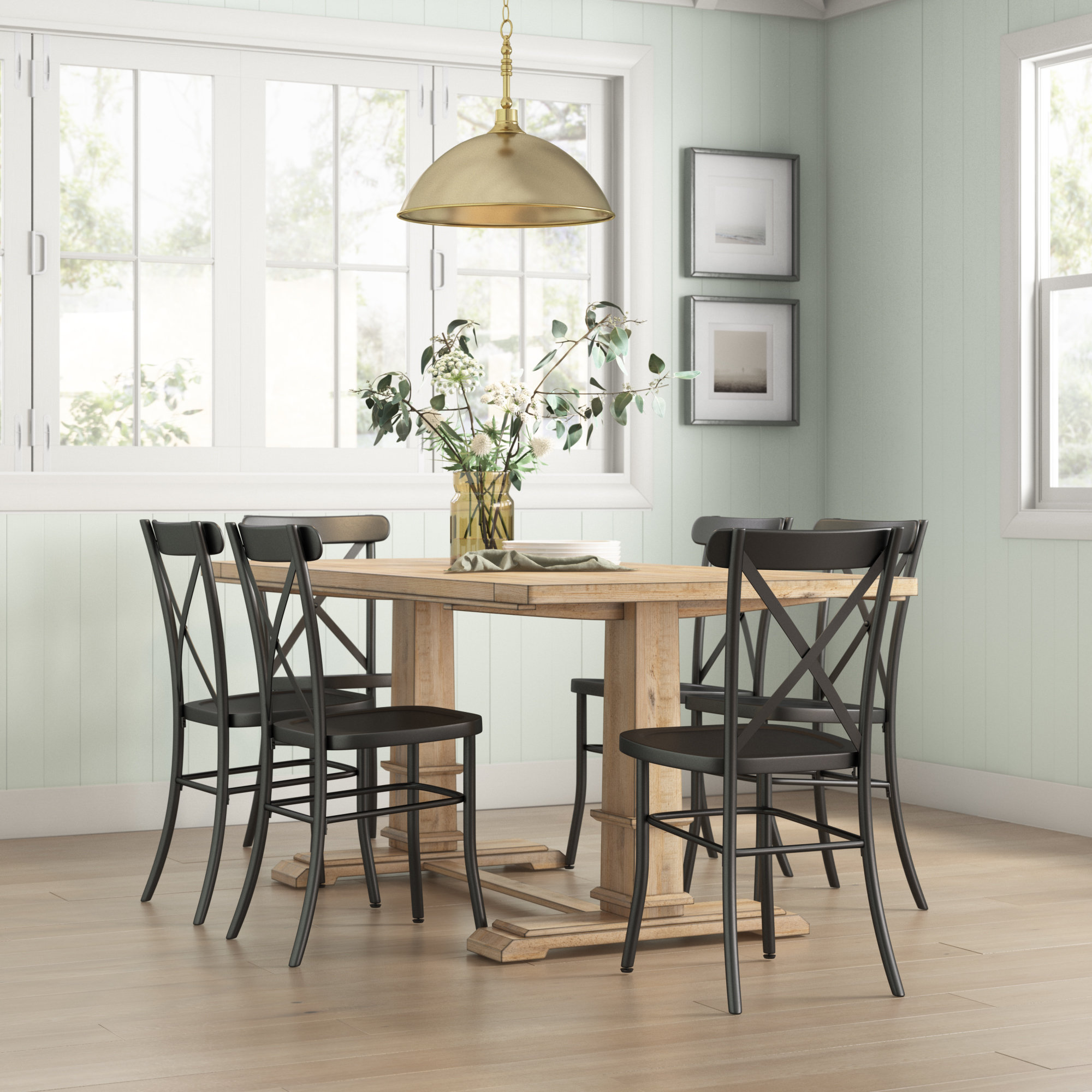 Kelly Clarkson Home Hudson Trestle Dining Table with Steel Chairs ...