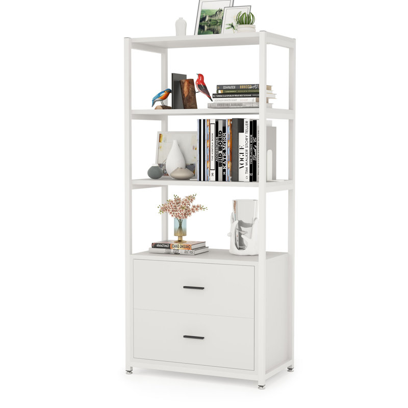 Latitude Run® Bookcase, 4-Tier White Bookshelf With 2 Drawers, Etagere ...