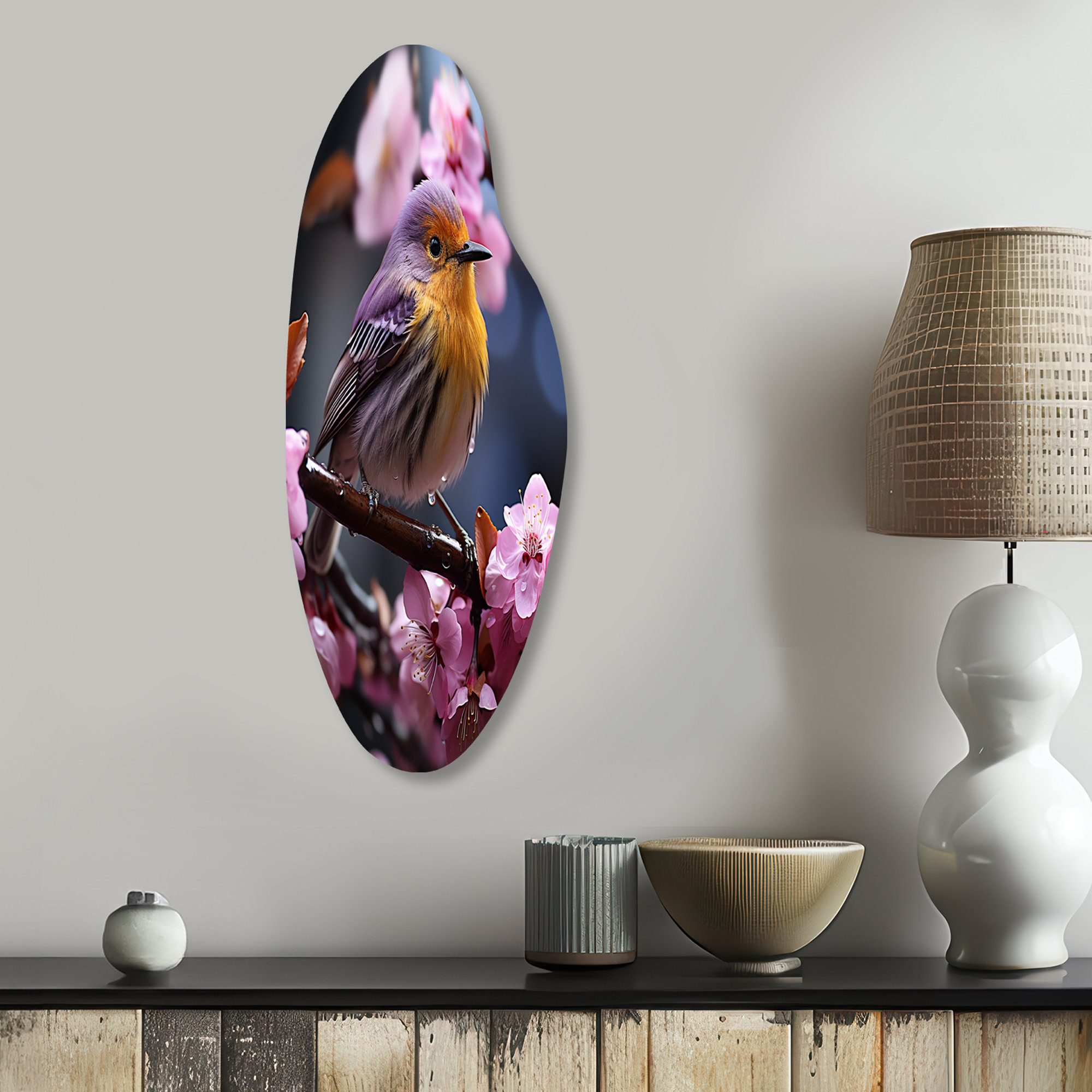Lark Manor™ Yellow Bird On Blossom Cherry III - Curved Bird Metal Wall ...