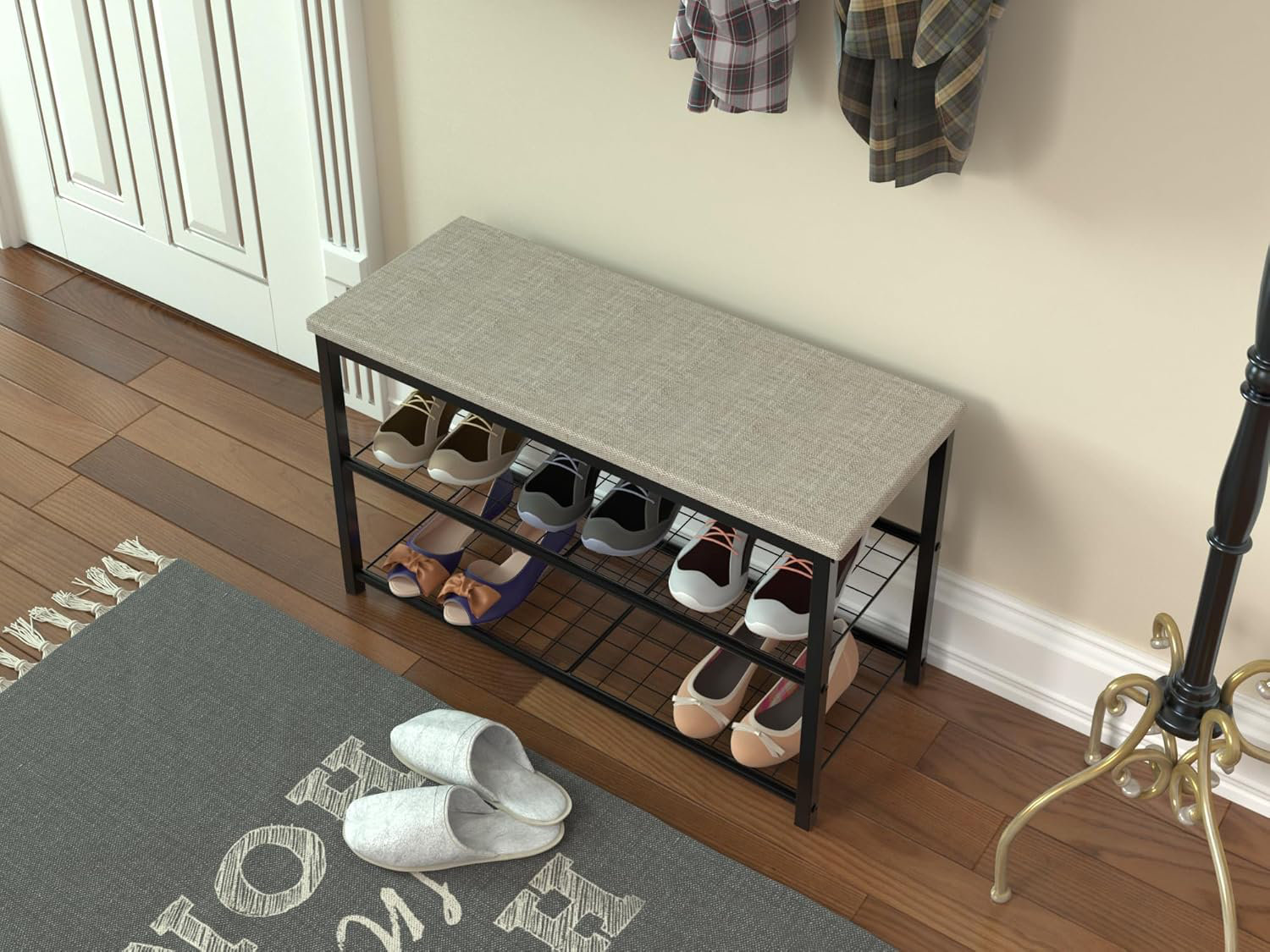 17 Stories 3-Tier Entryway Shoe Bench With Metal Frame, Cushioned Top ...
