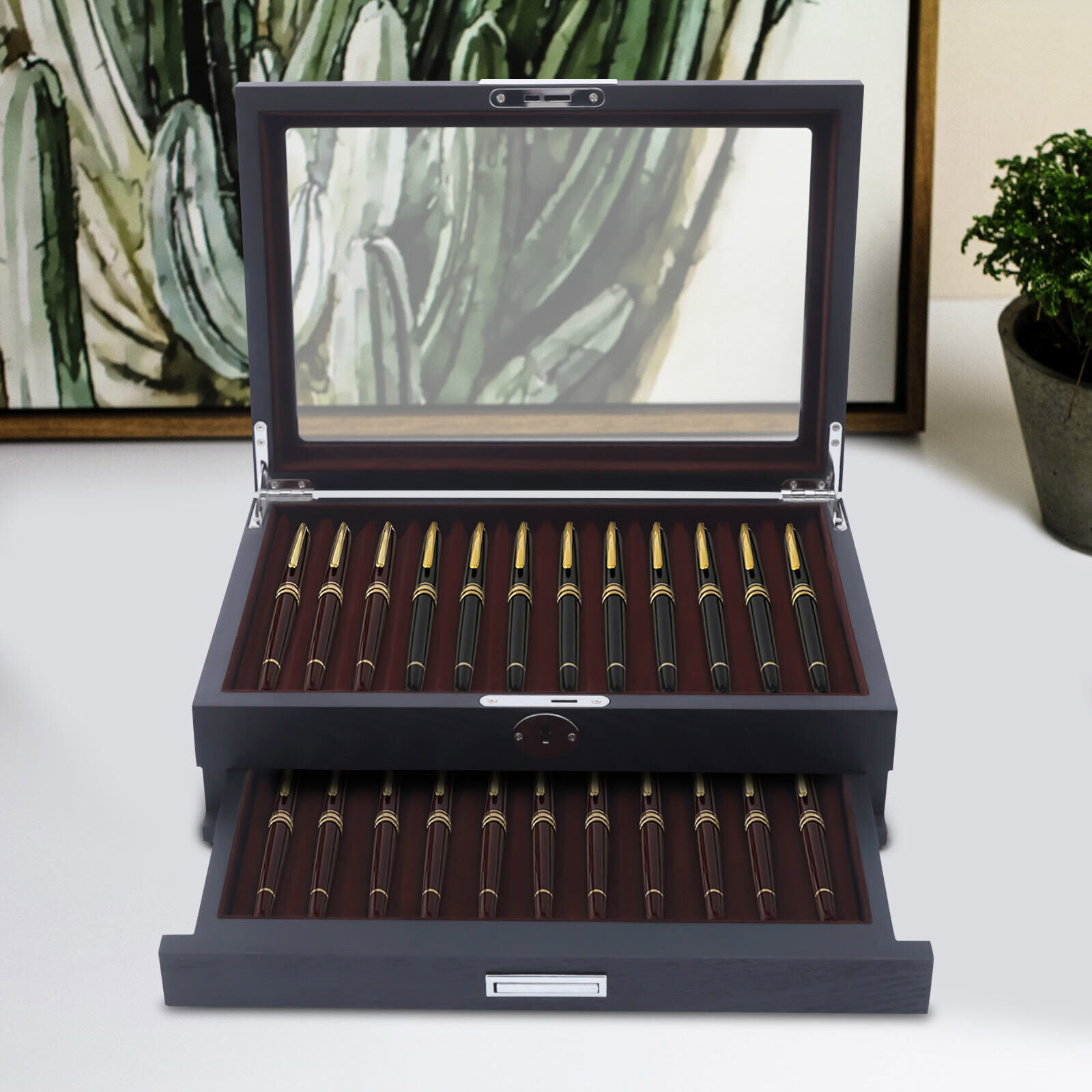Latitude Run® 12.6" 12 Slot Wood Pen Display Box 2 Layers Fountain Pen ...