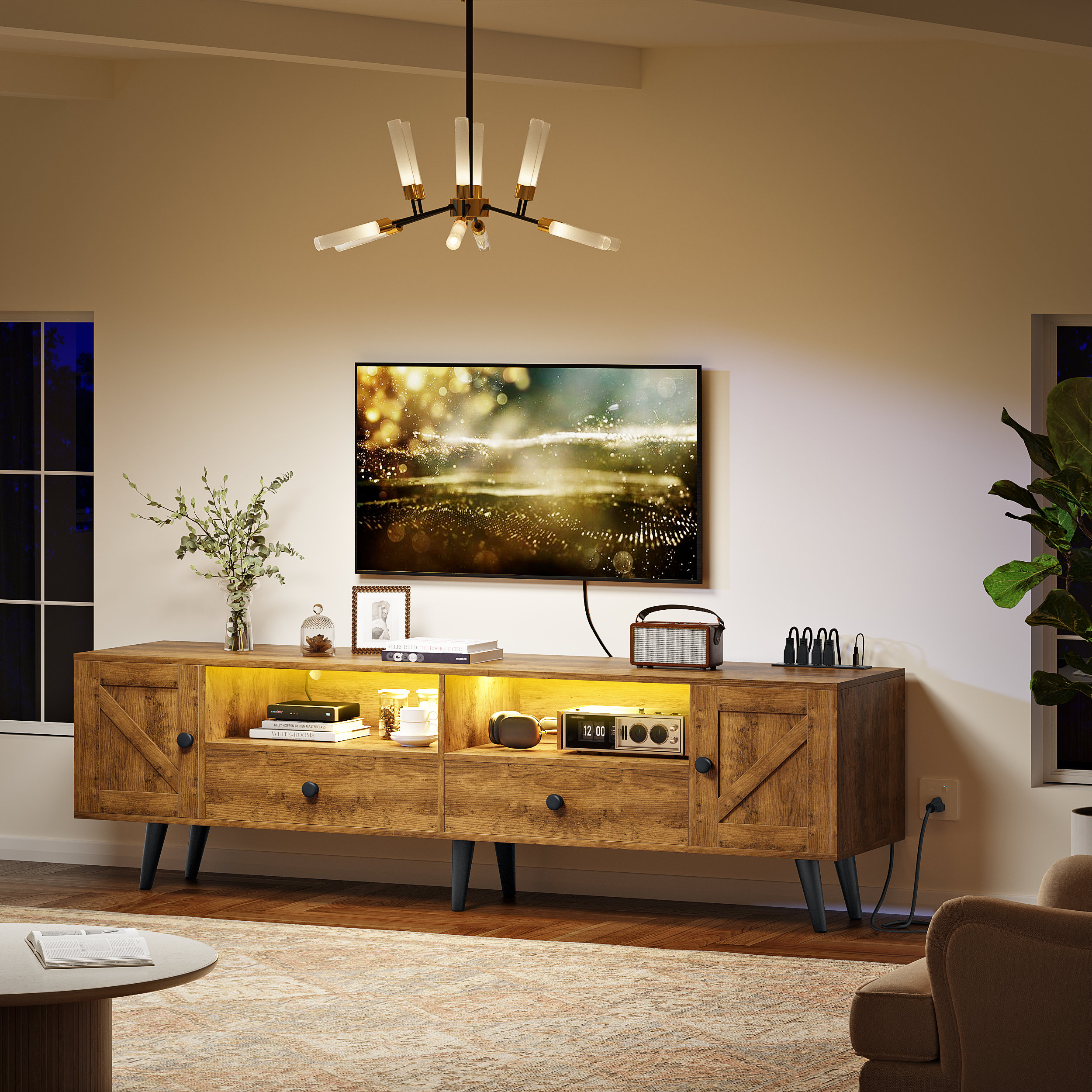 Gracie Oaks Torron LED Wood TV Stand with Power Outlets, Modern ...