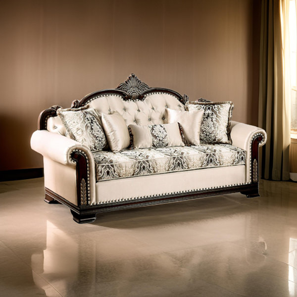 Benjara Catie 87 Inch Sofa, Nailhead, Beige Rolled Arms, Cherry Brown ...