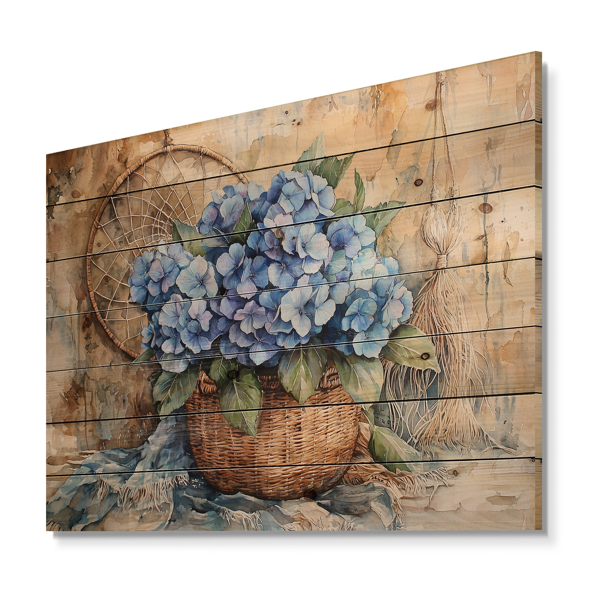 Ophelia & Co. Boho Blue Hydrangea Bliss II - Hydrangea Wood Wall Decor - On Natural Pine Wood ...