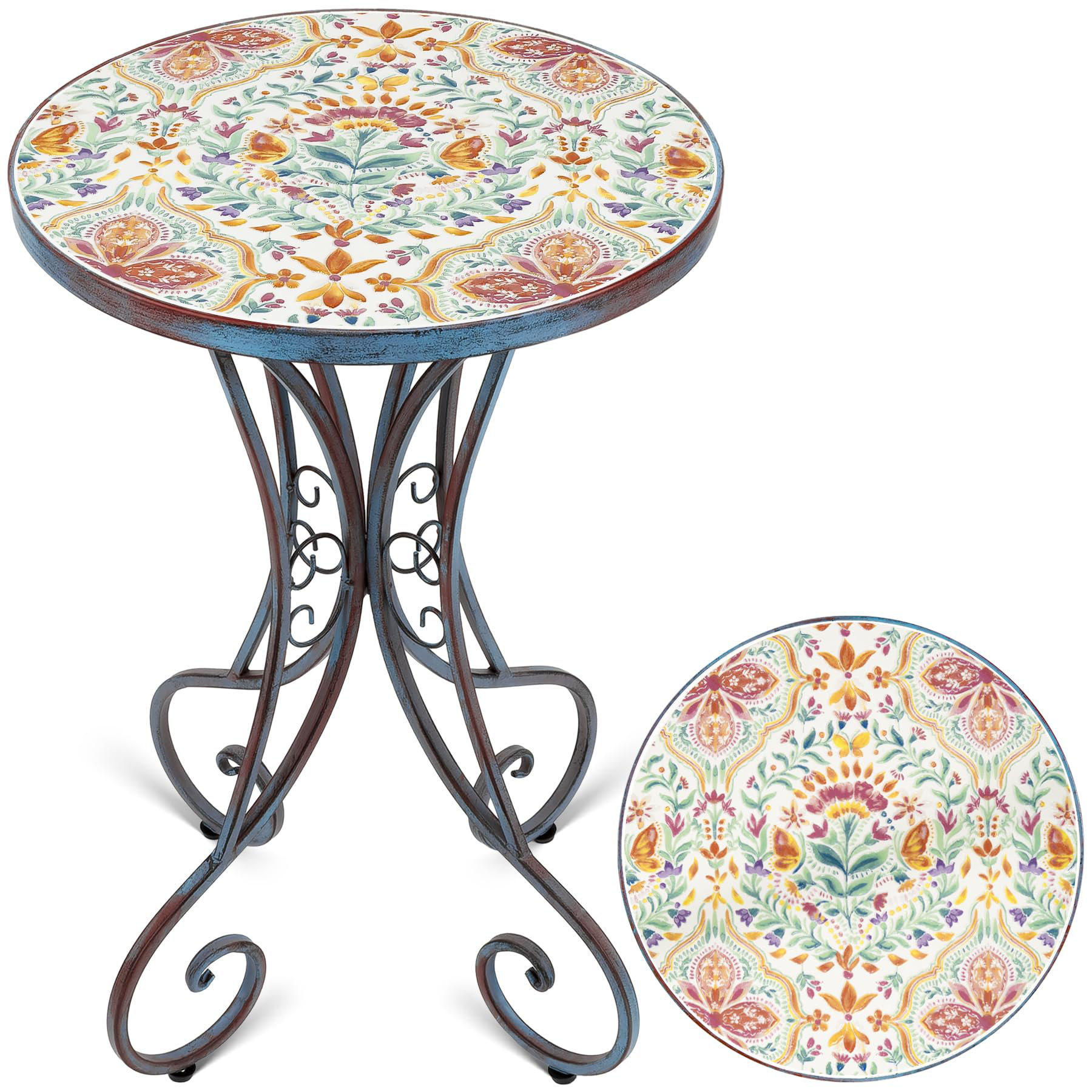 Fleur De Lis Living Mosaic Patio Table And Plant Stand, Outdoor Side ...