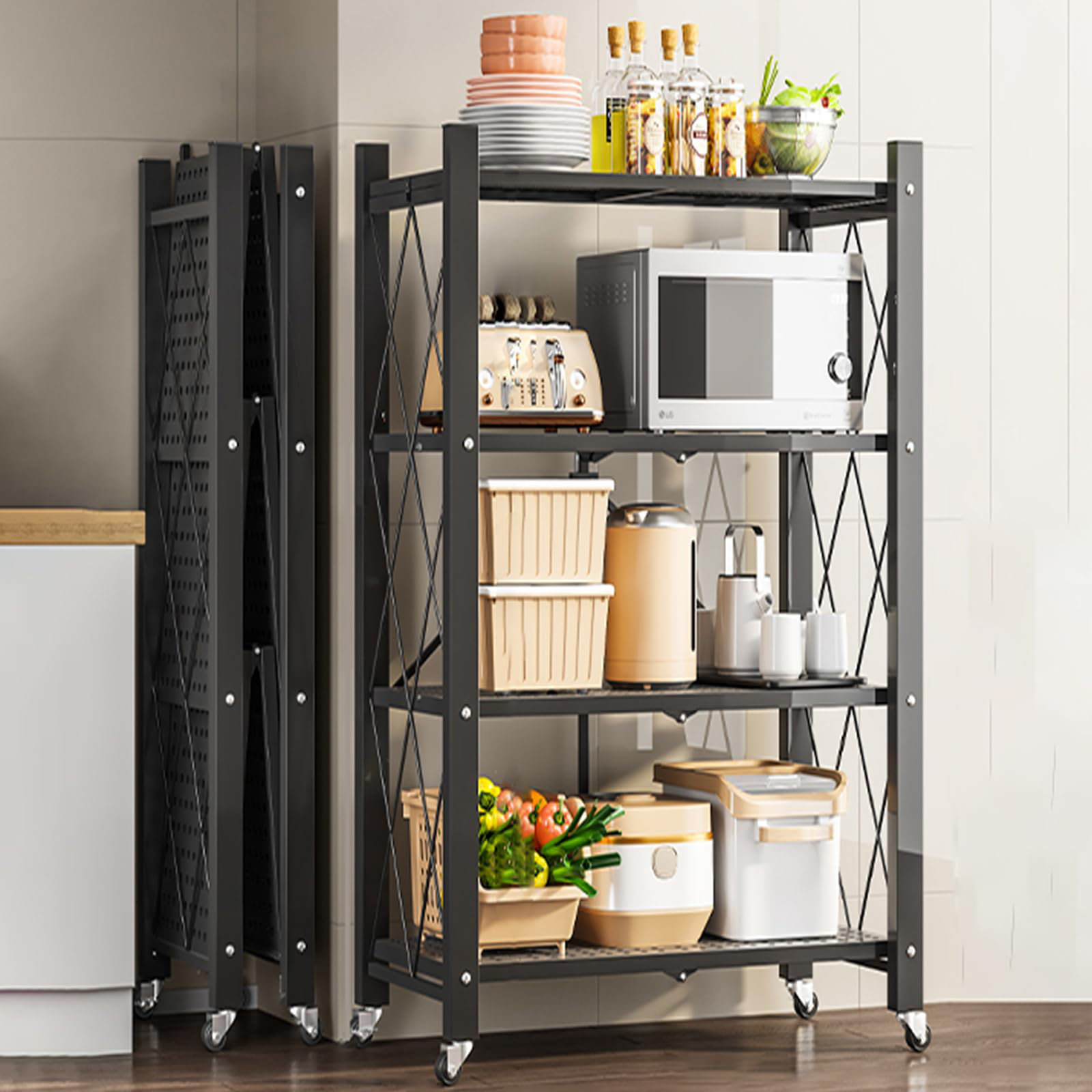 Rebrilliant 4-Tier Foldable Storage Rack With Wheels, Heavy Duty Metal ...