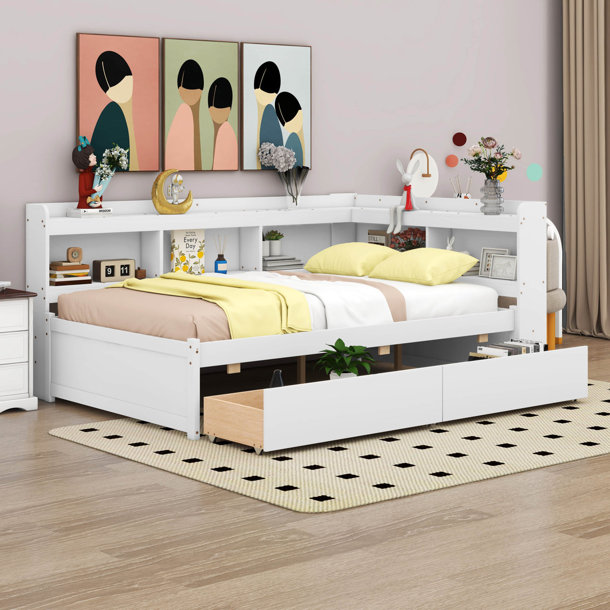 Red Barrel Studio® Platform Bed With L-Shaped Bookcase And 2 Storage ...