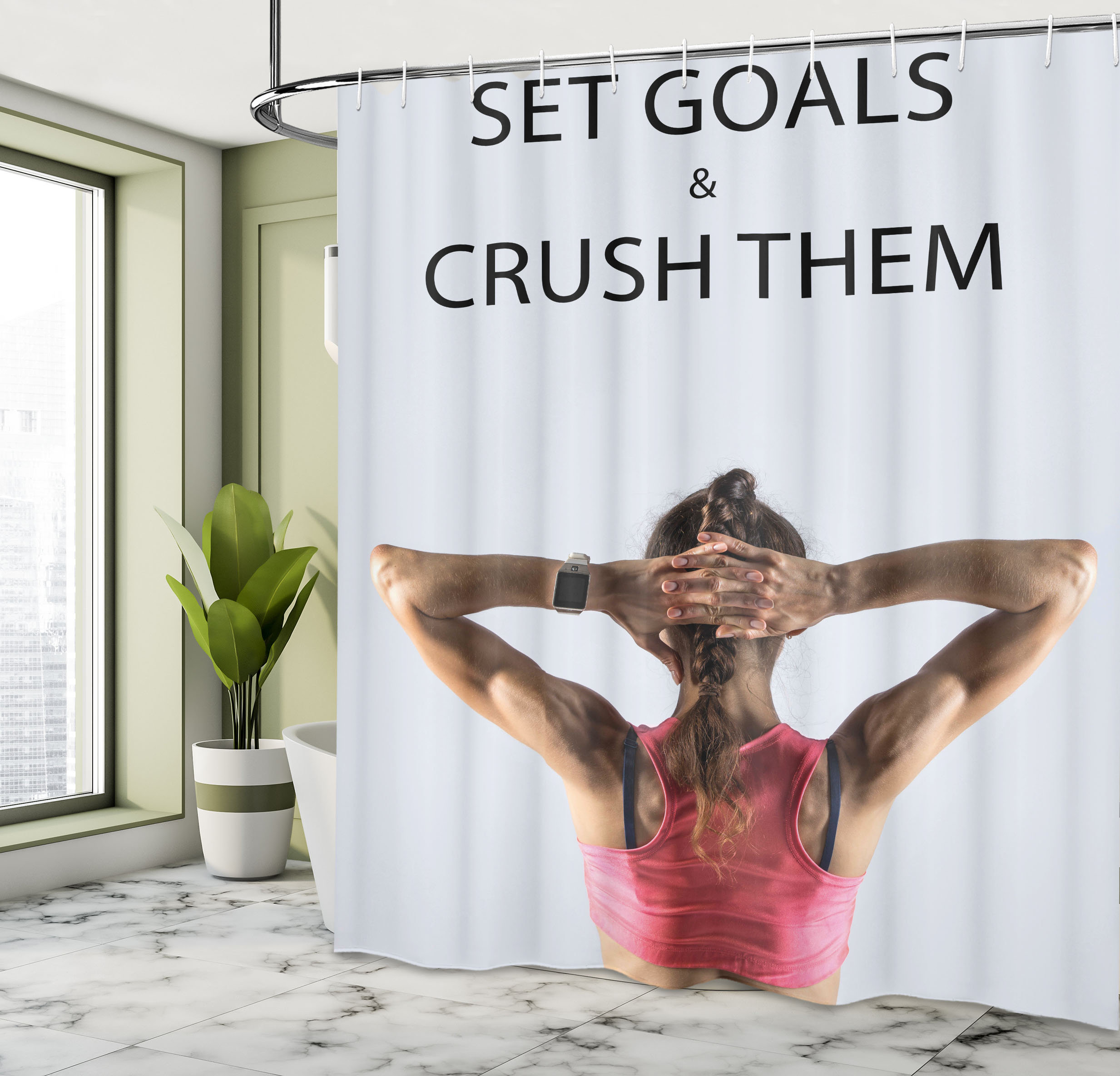 East Urban Home Fitness Shower Curtain Athletic Model Woman Beige Pink ...