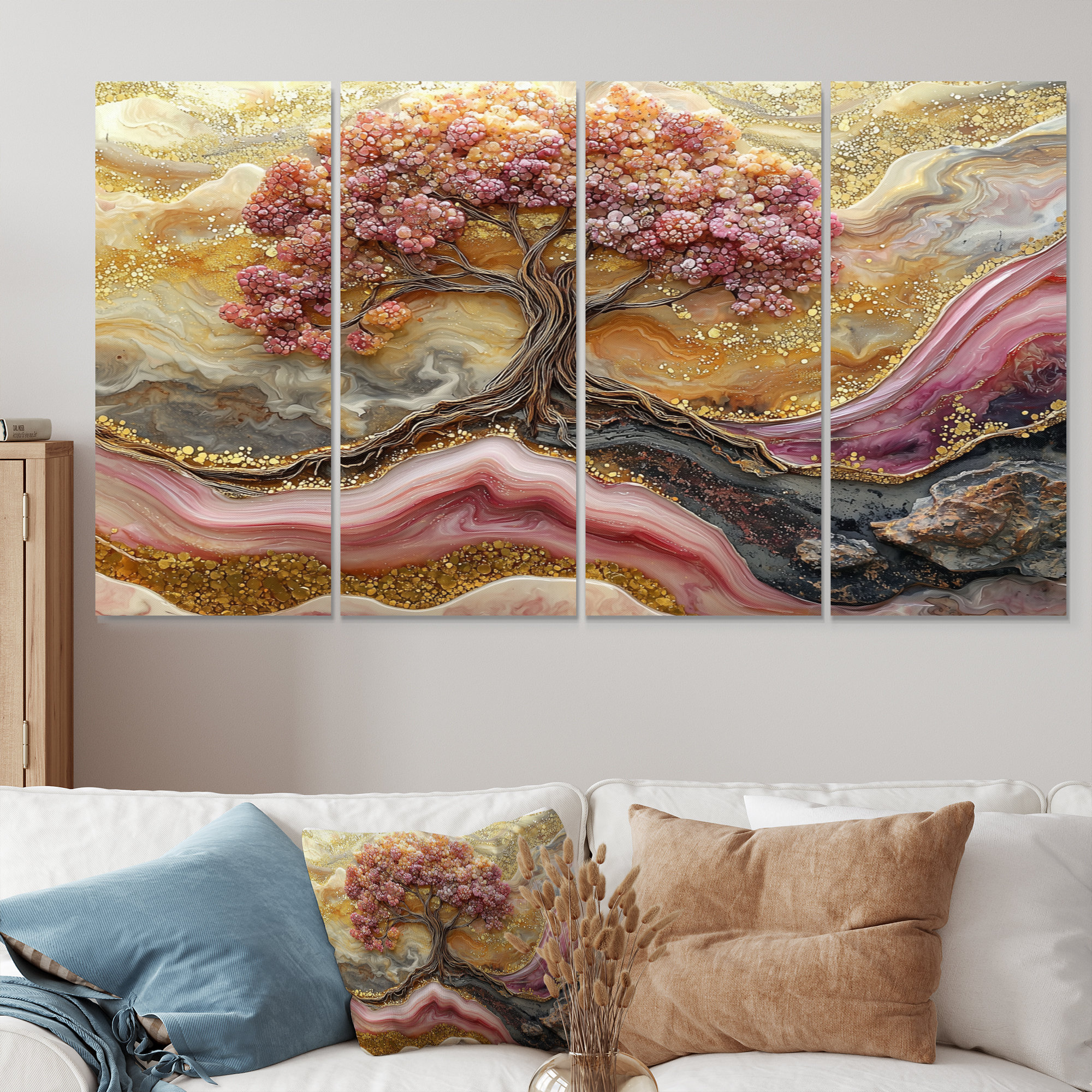 Winston Porter Pink Golden Marble Infinite Tree Of Life III - Tree Of ...