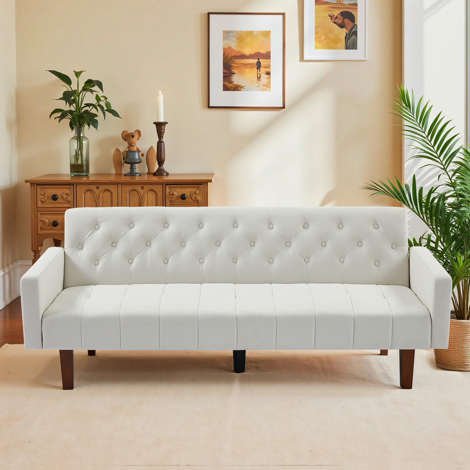 Ebern Designs Full 74" Wide Linen Blend Tight Back Convertible Sofa ...