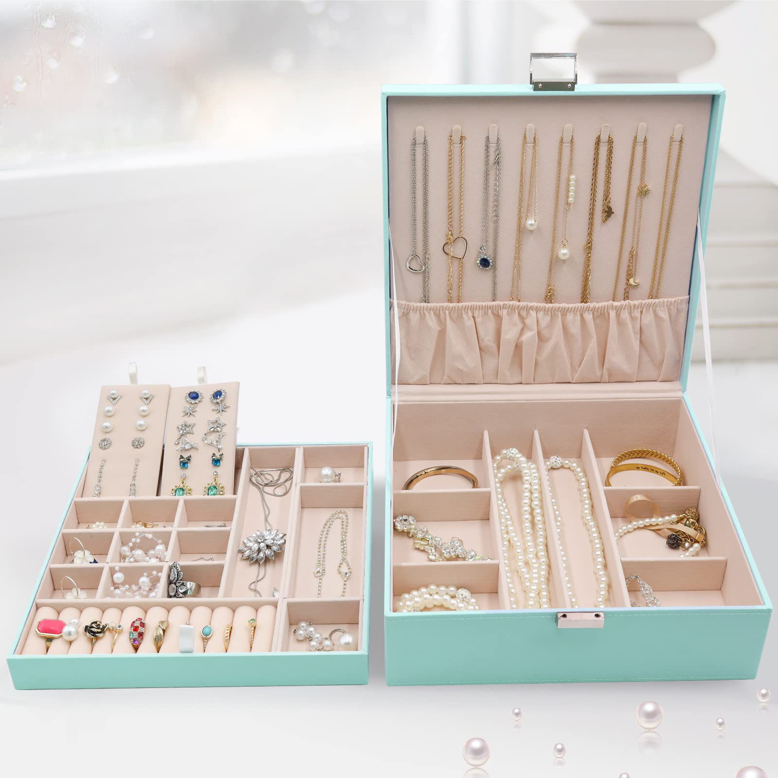 Latitude Run® 2 Layers Large Leather Jewelry Organizer Storage Case ...