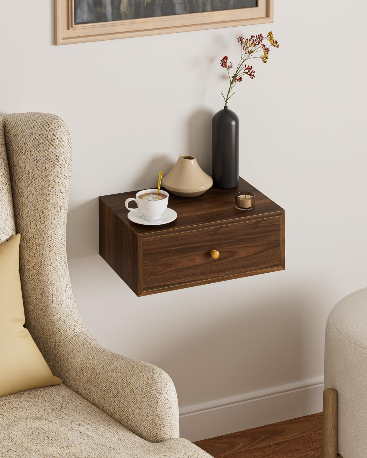 Millwood Pines Floating Nightstand, Floating Shelf With Drawer,Walnut ...