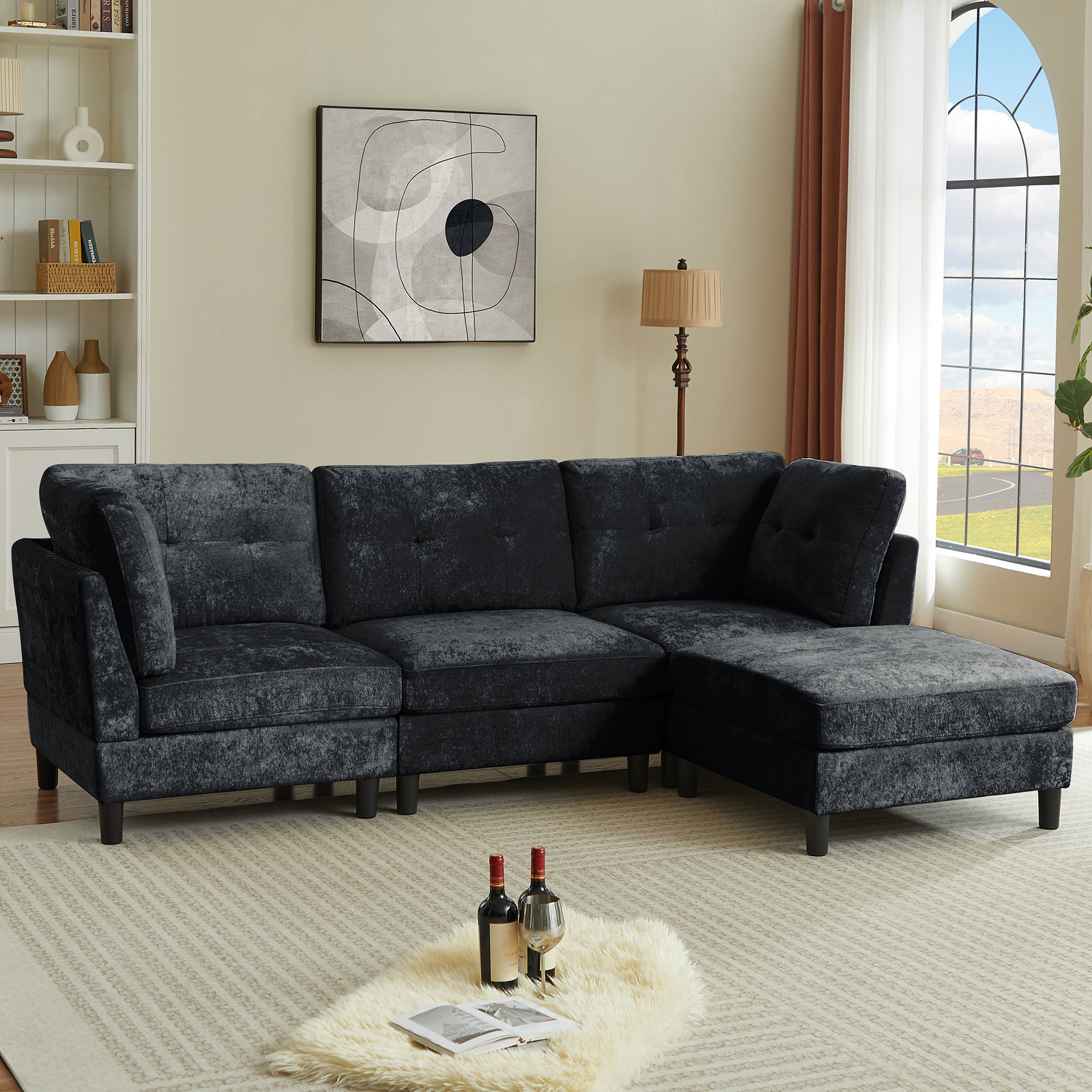 Ebern Designs 99.41" Chenille High Armrest L Shaped Sofa with Ottoman ...