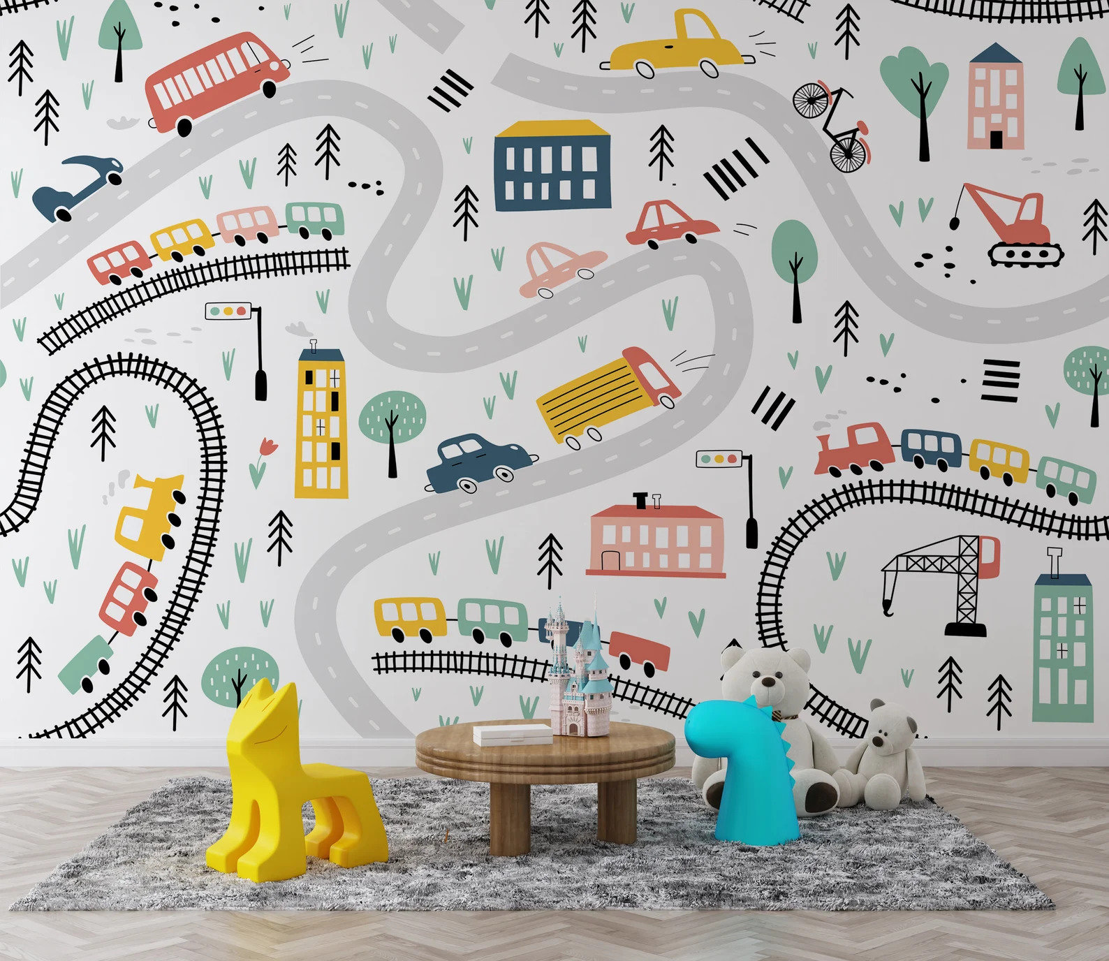 GK Wall Design Kids City Plan Construction Cars Buses Road Nursery ...