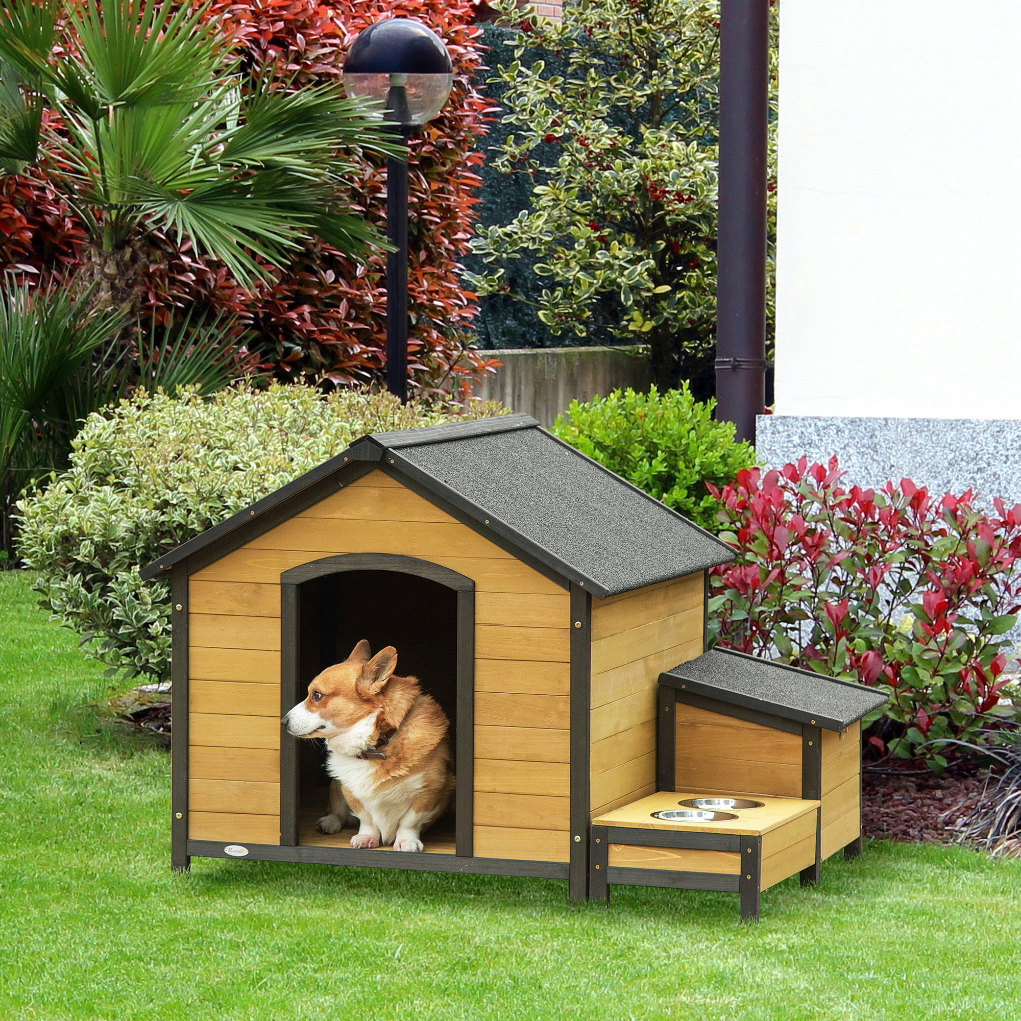 Pawhut Wooden Outdoor Dog House, Cabin-Style Pet House With Feeding ...