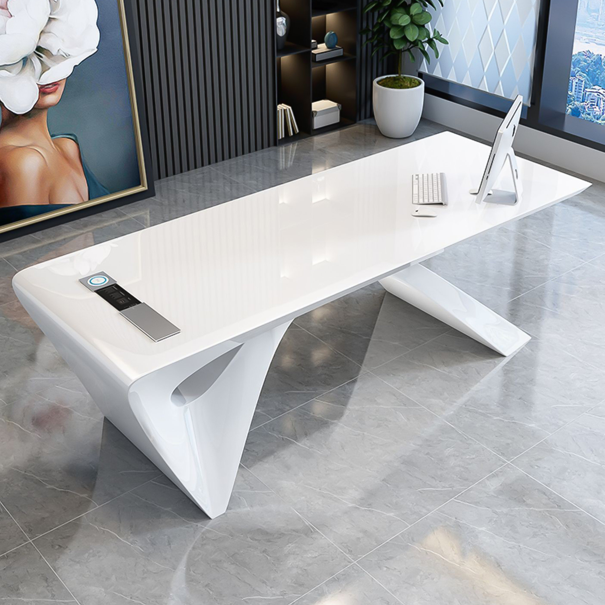 Orren Ellis Modern Minimalist White Glossy Desk With Creative Legs ...