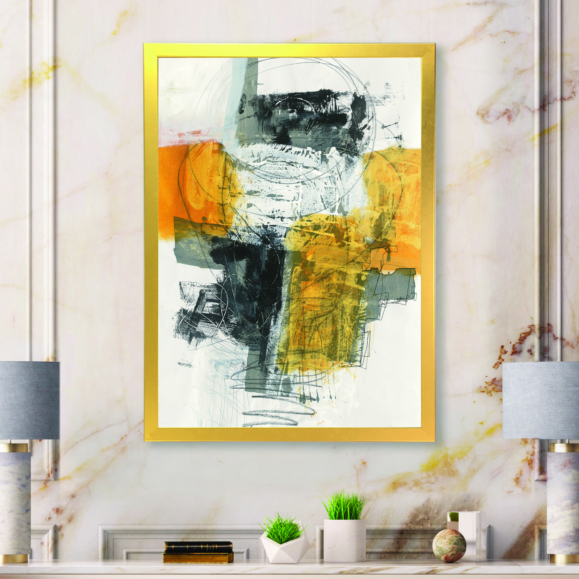 East Urban Home 'Abstract Composition of Glamorous Yellow and Black ...