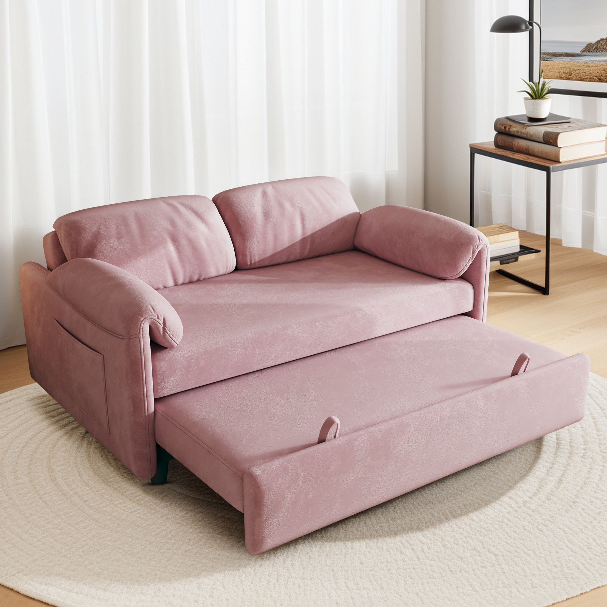 Mercer41 54"W 3-In-1 Convertible Velvet Sleeper Sofa Bed Pull Out Couch ...