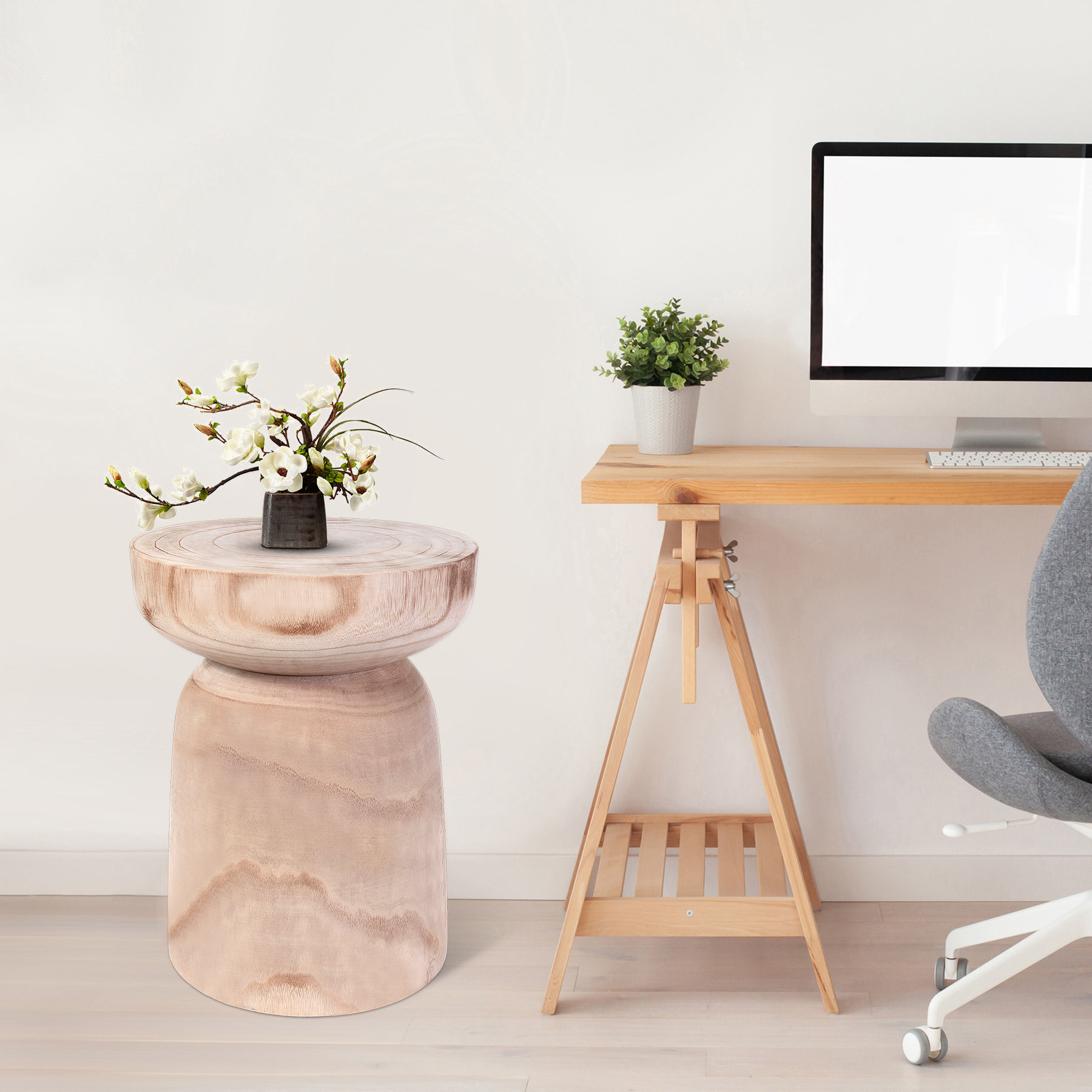 Union Rustic Solid Wooden Side Table, Wooden Stump Side Table, Natural ...