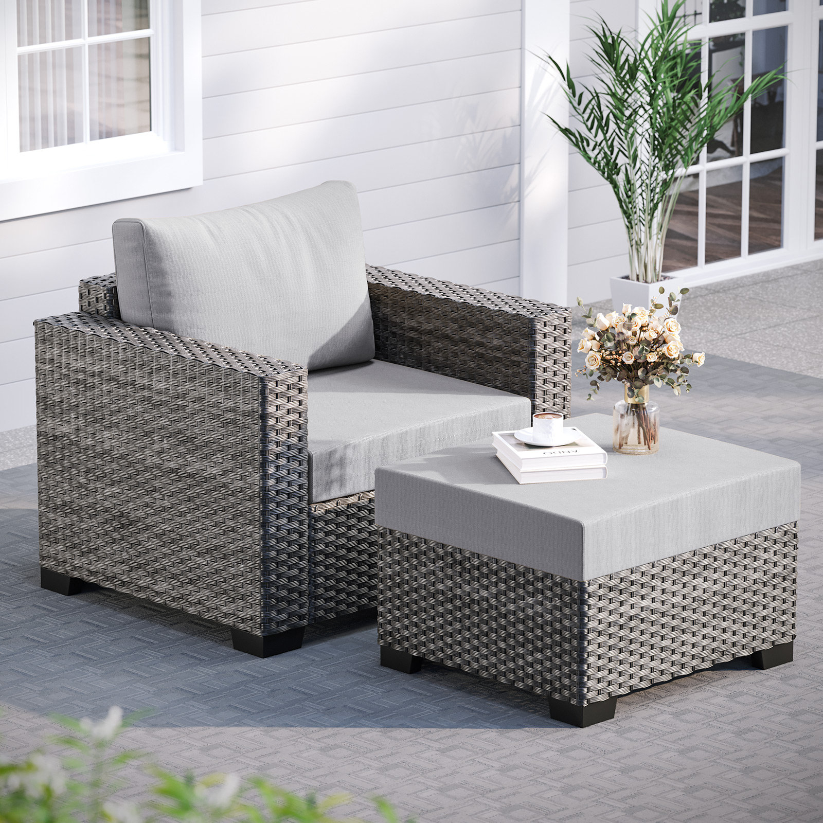 Latitude Run® Outdoor Rattan Single Patio Chair With Ottoman-Gray | Wayfair