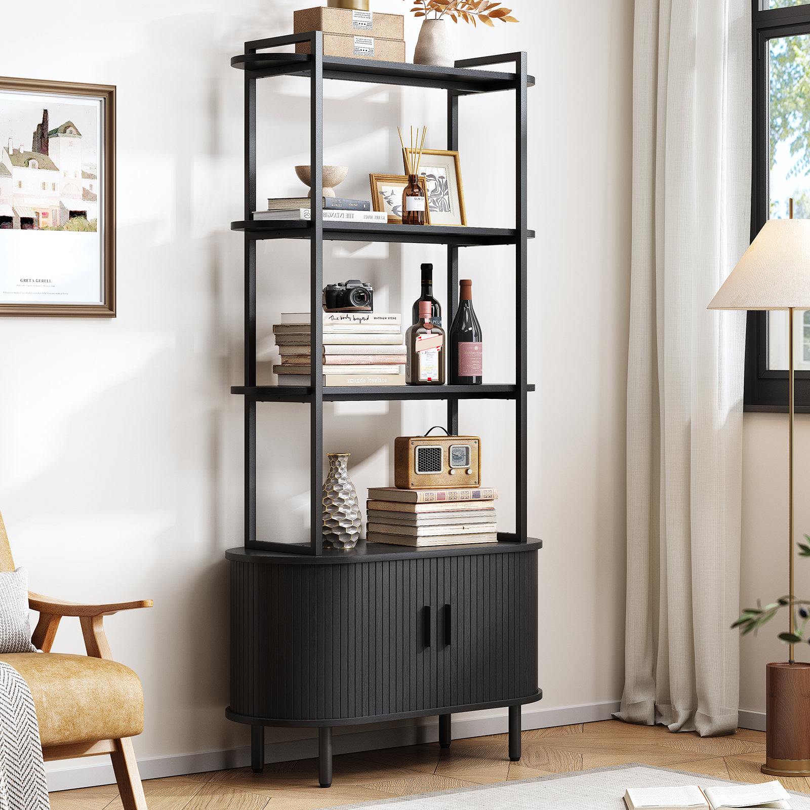 17 Stories 71" Modern Bookcase, 4-Tier Book Shelf With Curved Storage ...