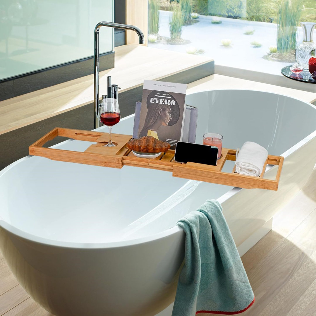 Rebrilliant Bamboo Bathtub Caddy Tray Bath Tray For Tub, Adjustable ...