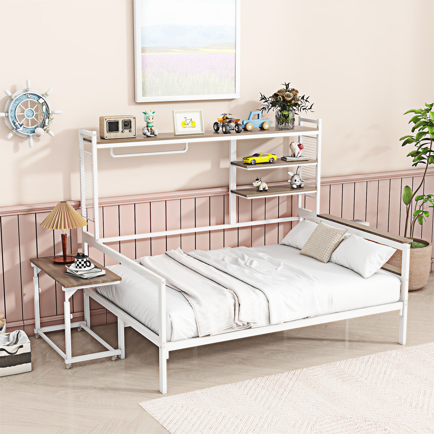 Ebern Designs Full size Metal Daybed with Movable Desk Metal Grid and ...