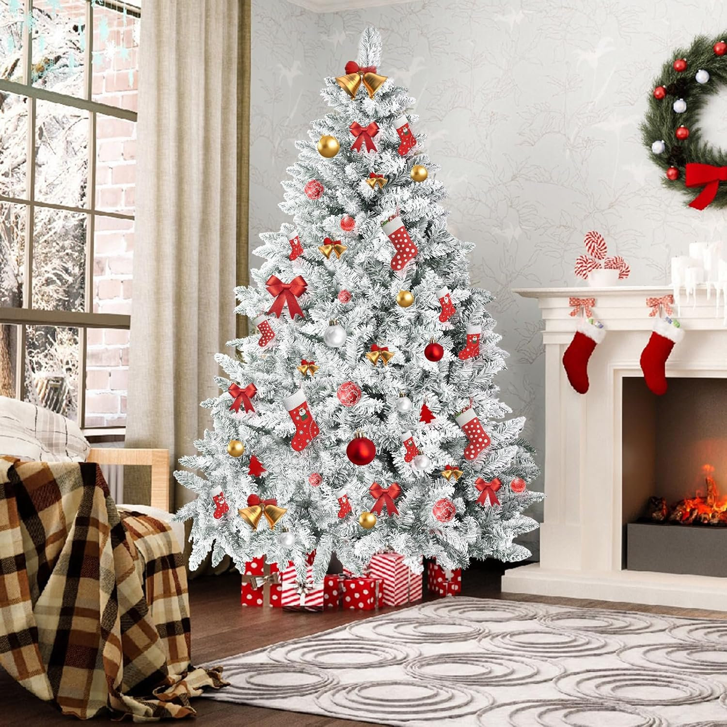 The Holiday Aisle® 6' / 7' Snow Flocked Artificial Christmas Tree with ...